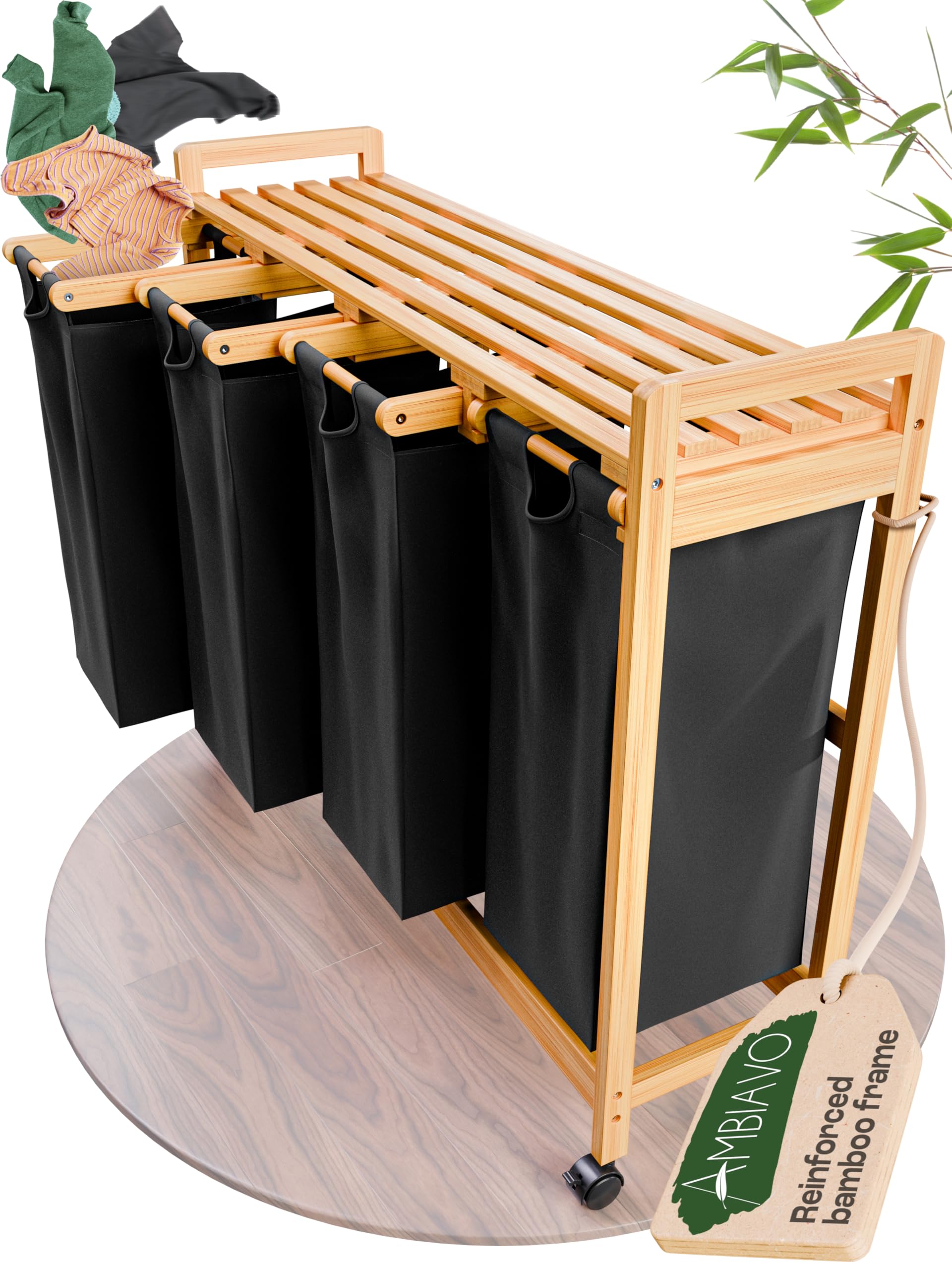 AMBIAVO Laundry Sorter with 4 Sections beige, Laundry Hamper with Removable Cotton Bags & Wheels โ Perfect Laundry Organizer - Eco-Friendly Rolling Laundry Basket โ Durable Bamboo and Stylish Design
