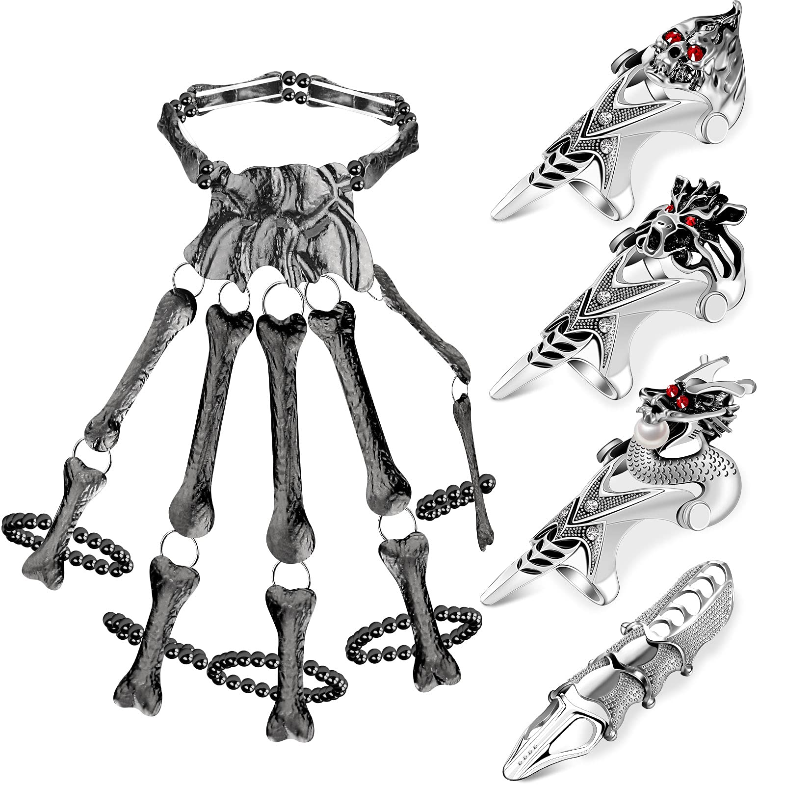 5 Pieces Full Finger Ring Punk Wristband Skull Fingers Hand Bracelet Skull Finger Skeleton Joint Bracelet Knuckle Full Ring for Halloween Accessories (Black)