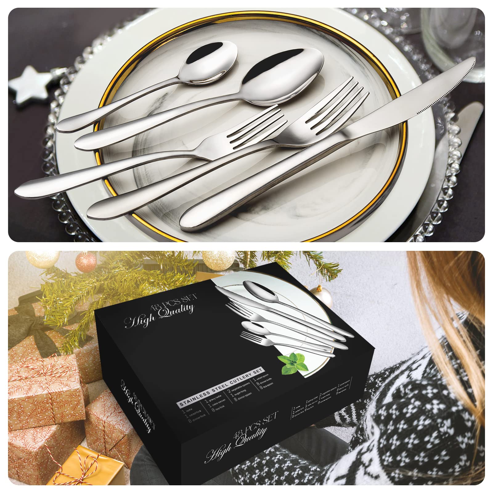 48-Piece Silverware Set with Serving Utensils, Service for 8, Stainless Steel Flatware Cutlery Set for Home Kitchen Restaurant Hotel, Mirror Polished, Dishwasher Safe, House Warming Gifts