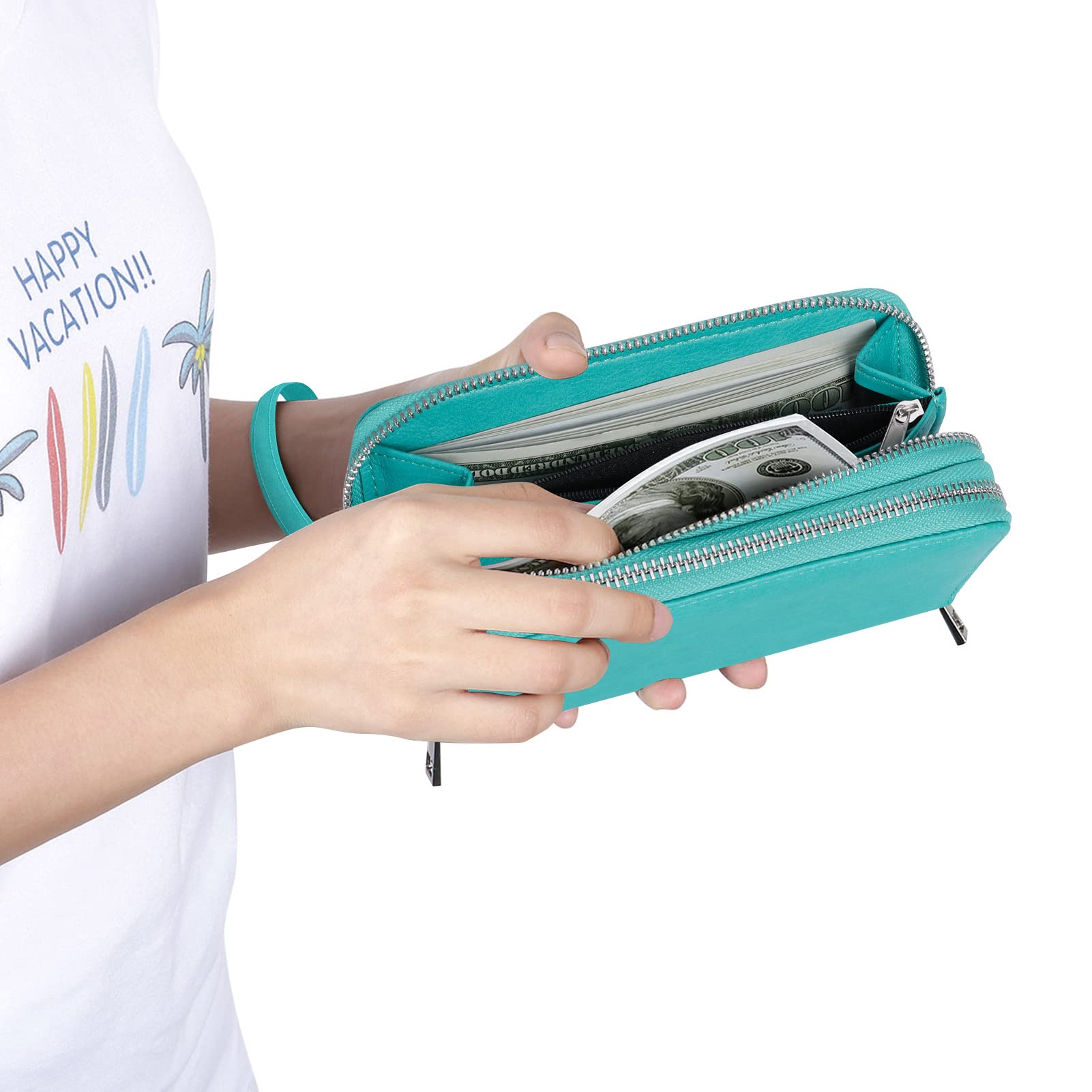 Abberry Double Zipper Wristlet Wallet Long Clutch Purse Cellphone Wallet for Women (Green)