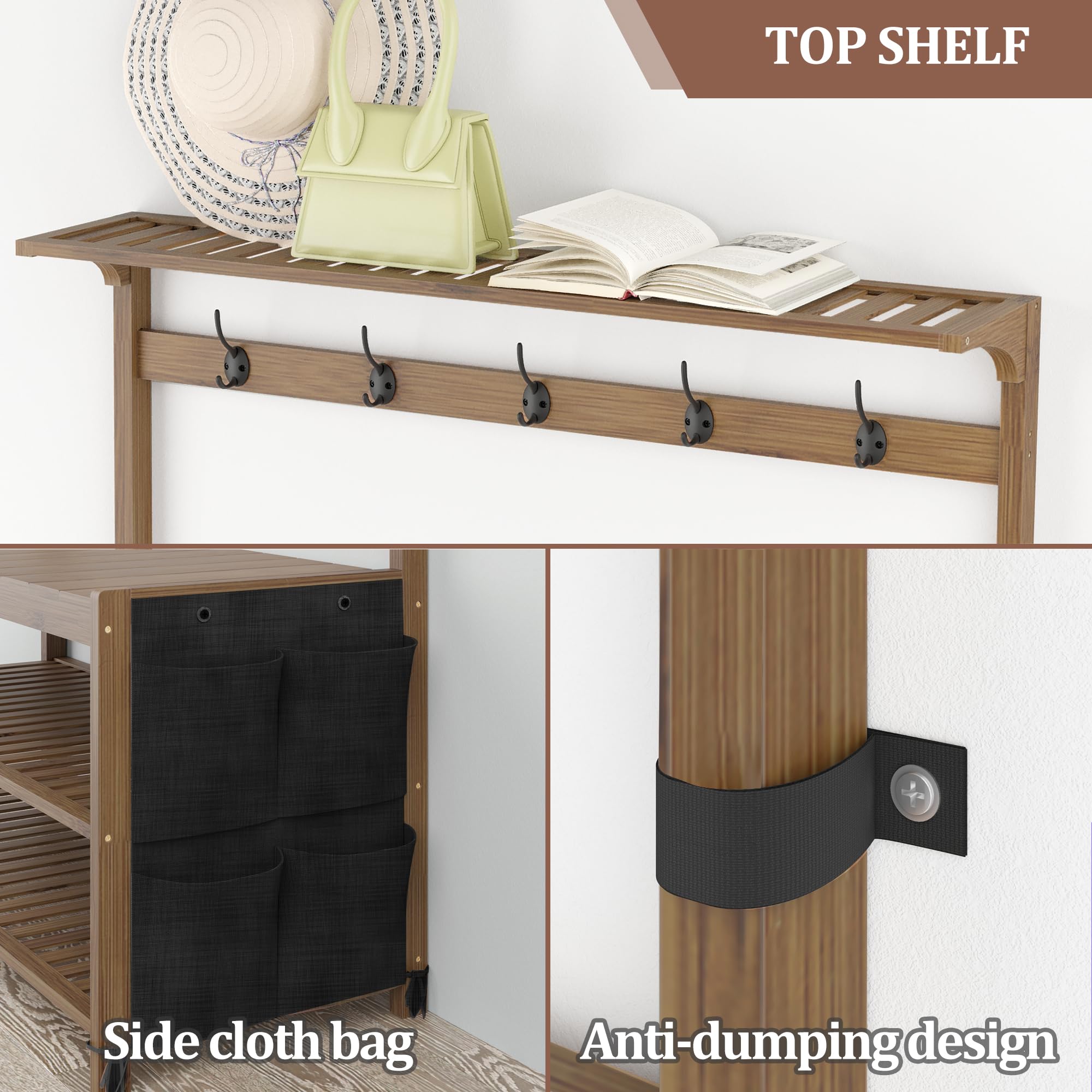 AMBIRD Hall Tree with Shoe Bench Entryway Bench with Coat Rack 6-in-1 Coat Rack Shoe Bench with Cloth Bag Storage Bench with 16 Coat Hooks, Sturdy Bamboo Frame, Large Size, Brown 46 * 15 * 70 Inches