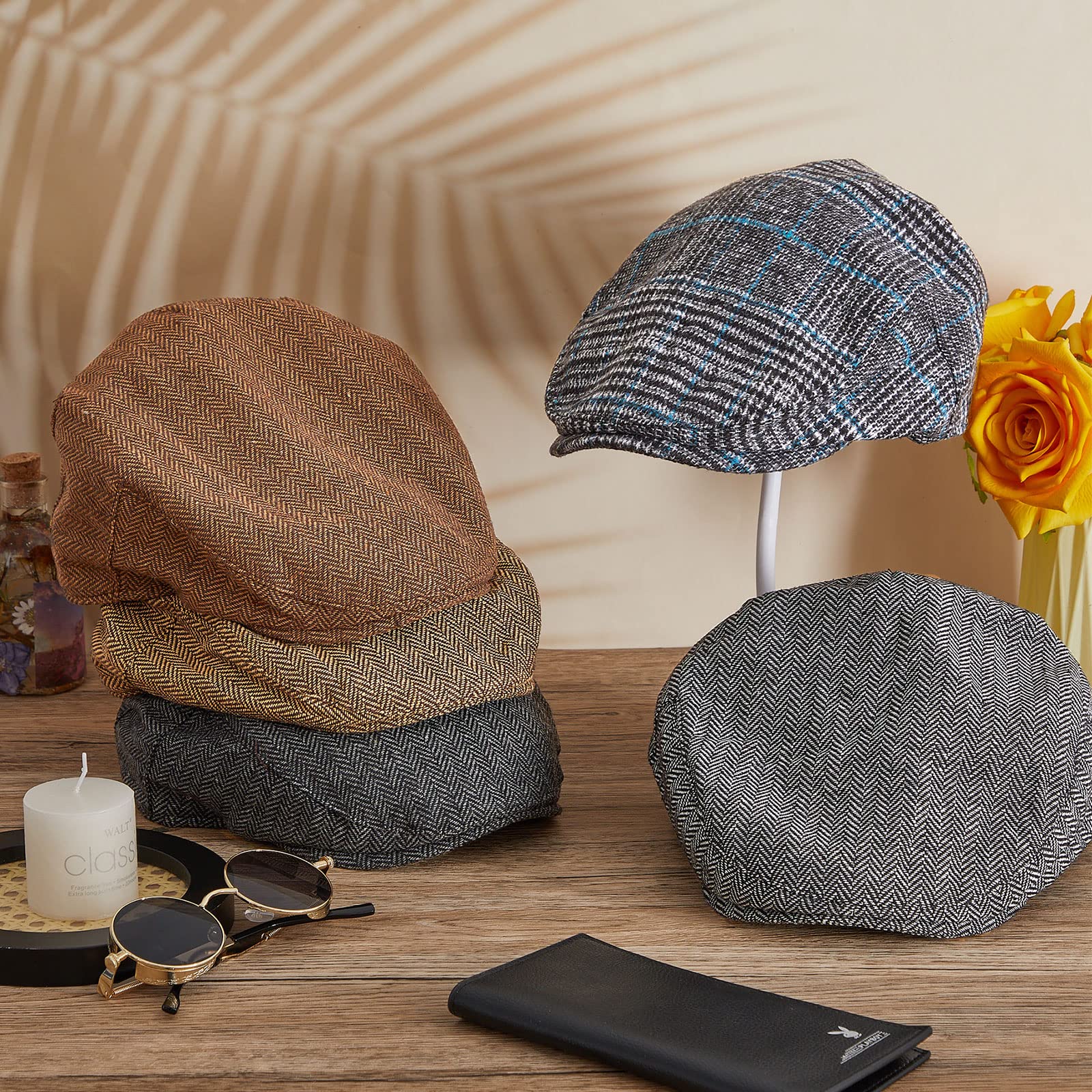 5 Pieces Men's Herringbone Flat Newsboy Hat Wool Blend Gatsby Cabbie Cap Classic Wool Blend Tweed Flat Cap Cabbie Hat Men