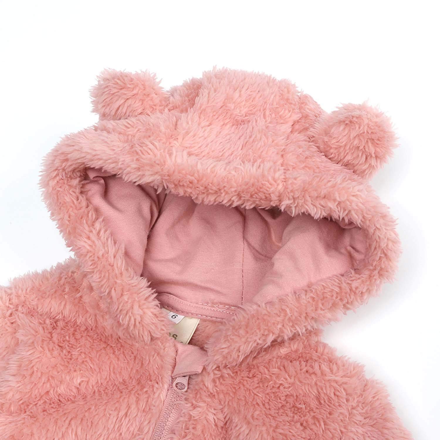 Newborn Baby Warm Snowsuit Cotton Fleece Hooded Romper Bear Pattern Jumpsuit for Baby Girl Boy Pink 0-3M