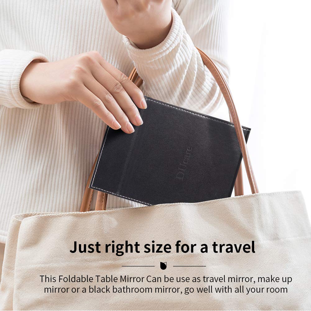 DUcare Folding Mirror Portable Travel PU Portable Adjustable Rectangular Ultrathin Vanity Mirror with Stand, for Travel, Camping,Home