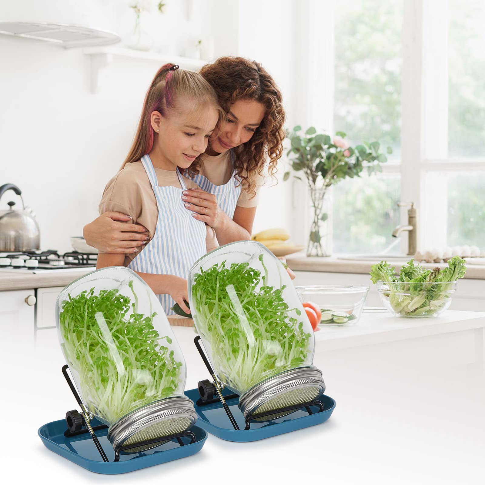 Anrialfu Sprouting Jar Growing Kit, Seed Sprouting Wide Mouth Mason Jars Kit with 2 Stainless Screen Lids, Tray, Stand, Blackout Sleeves, Broccoli Sprouts Growing Kit for Growing Bean Sprouts (NO JAR)