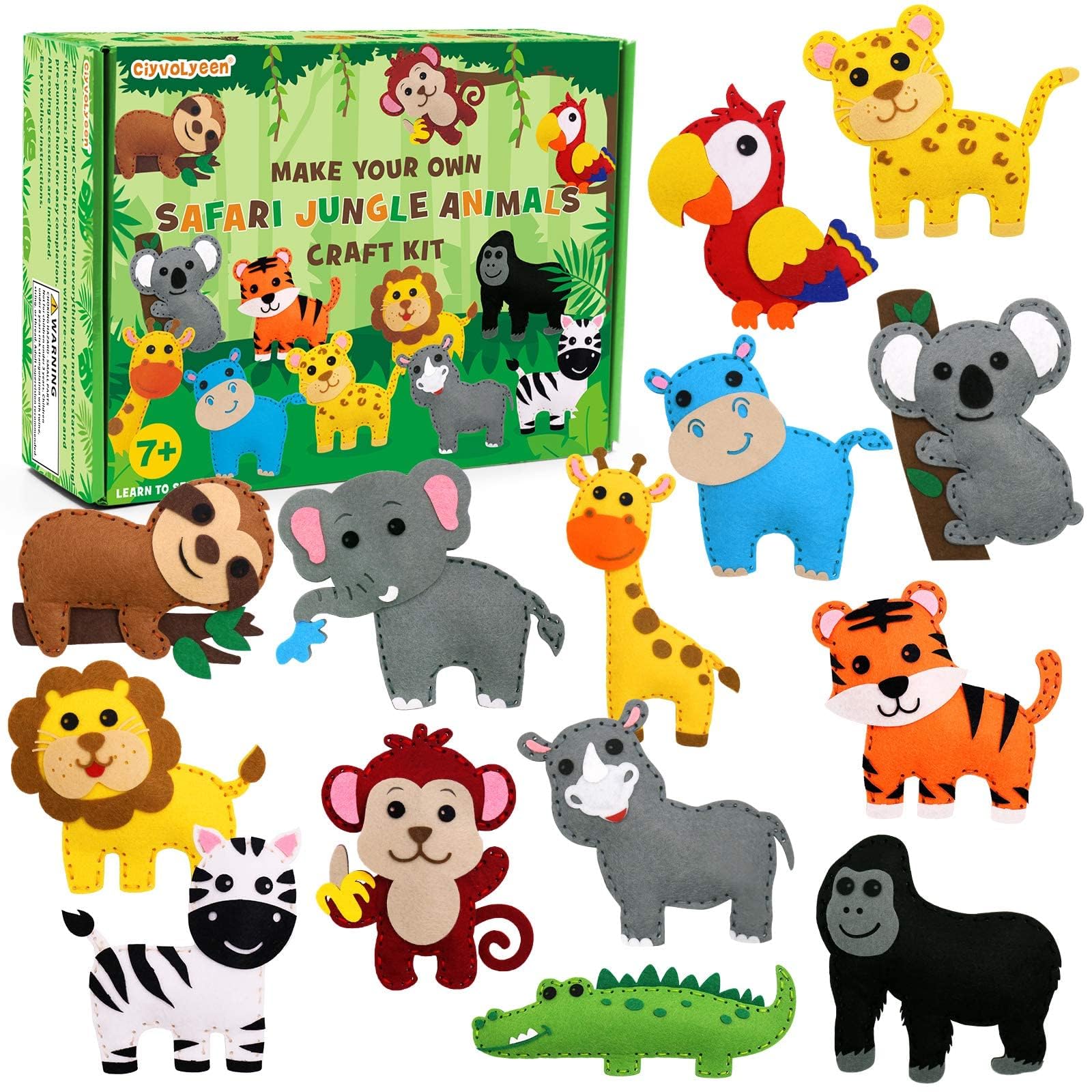 CiyvoLyeen Safari Jungle Animals Sewing Craft Kit DIY Kids Craft and Sew Set for 7 8 9 10 11 12Girls and Boys Educational Beginners Sewing Stuffed Animal Felt Plush Ornaments Set of 14