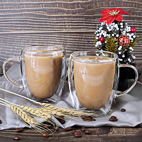 ALLYCE 15 Oz Double Walled Coffee Cups Glass Coffee Mugs Clear Coffee Mug with Lid Insulated Coffee Mug Perfect for Cappuccino,Tea,milk,Espresso,juice, Hot Beverage with Handle (15oz, with glass lid)