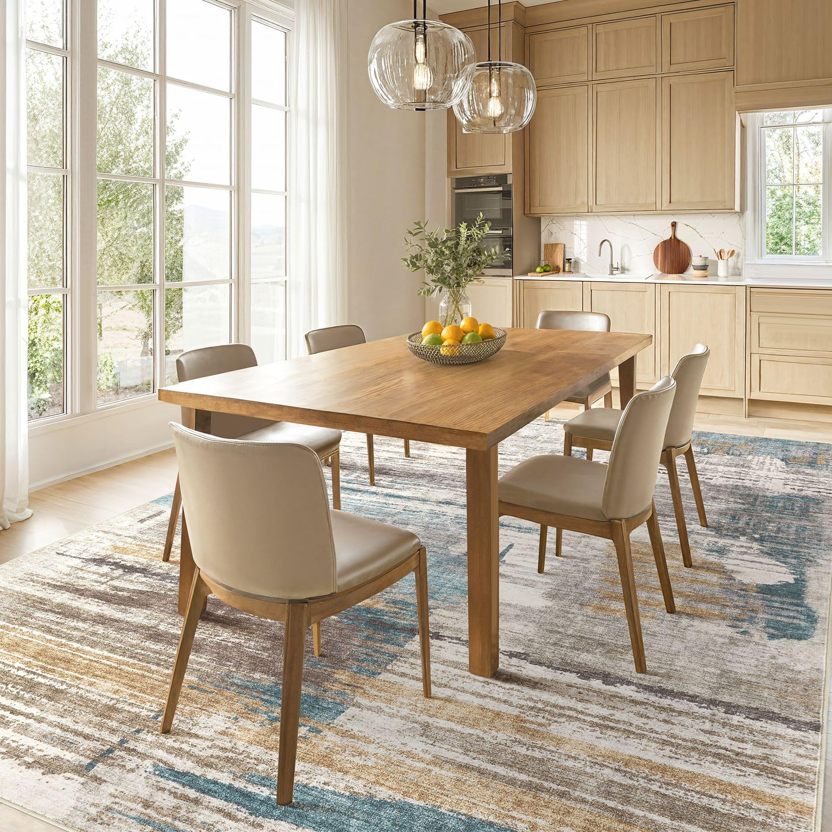 8x10 Rugs for Living Room: Large Modern Washable Super Soft Abstract Area Rug Neutral Contemporary Low Pile Carpet for Bedroom Dining Room Nursery Home Office Decor - Blue/Grey/Gold