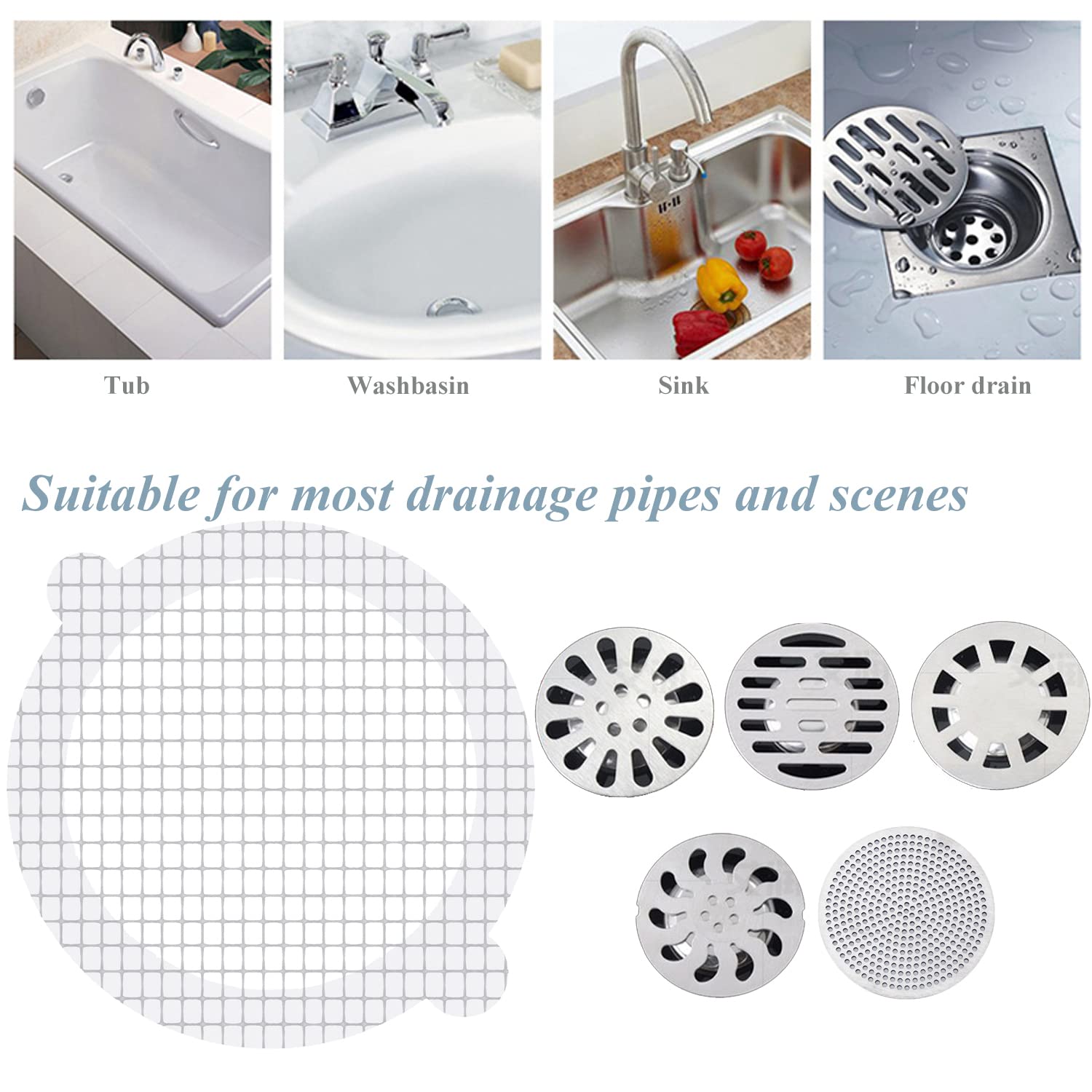 50 Pack, VIVIDLY Disposable Shower Drain Cover Hair Catcher Shower Drain Mesh Stickers, Bathroom, Laundry, Bathtub, Kitchen, Sink, for Human and pet Hair (50 PCS)