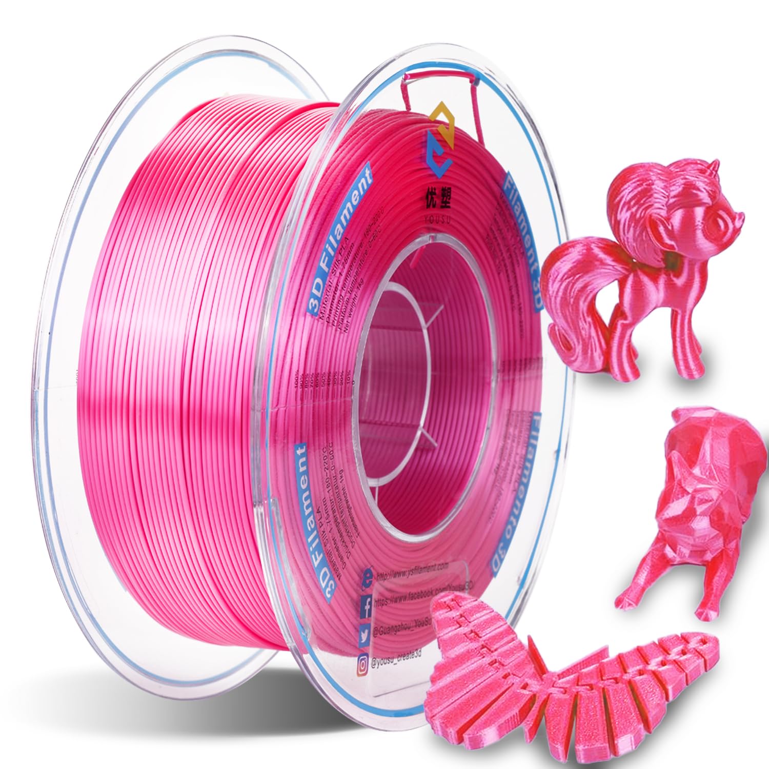 YOUSU Silk PLA 3D Printer Filament with Shiny Surface, Silk Pink PLA Filament 1.75mm 1kg, Compatible with Most of 3D Printer.