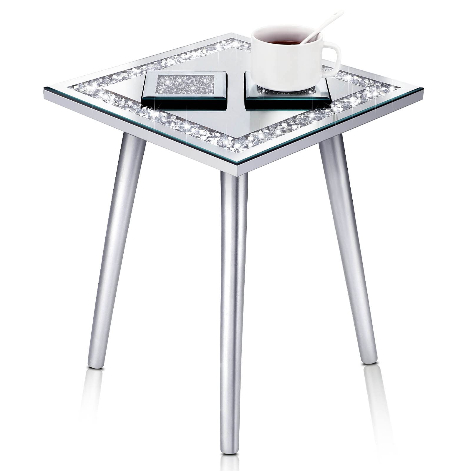 Mirrored End Table with Glass Mirrored Coasters Modern Silver Accent Table Bling Mirror Side Table Crushed Crystal Coasters Crushed Diamond Cup Mat for Living Room Home Kitchen (Square, 3 Pcs)