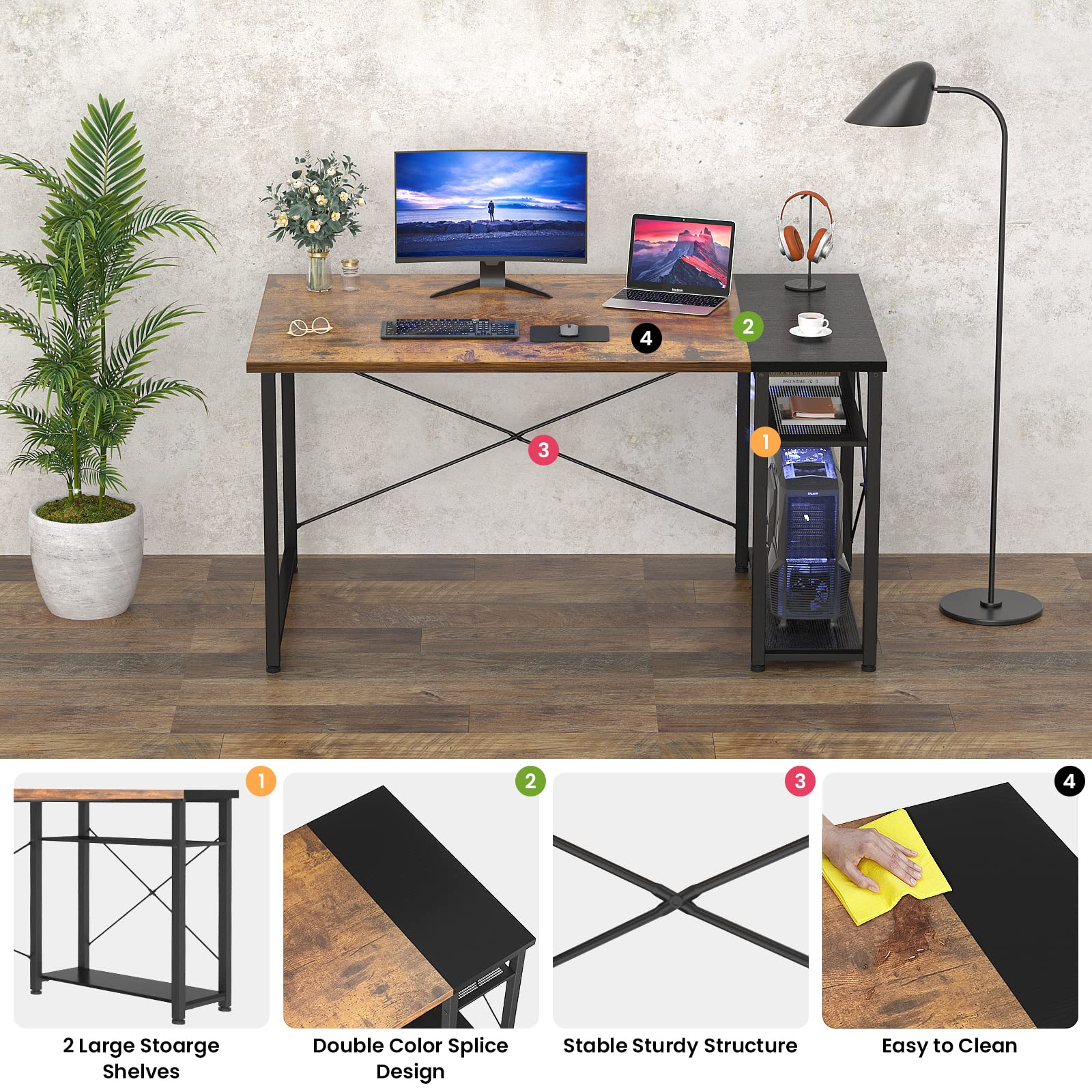 Ecoprsio Computer Desk, 39 Inch Small Desk for Small Space, Modern Study Writing Desk with Storage Shelves, Reversible Laptop Table for Home Office, Gaming Room, Bedroom, Workstation, Rustic and Black