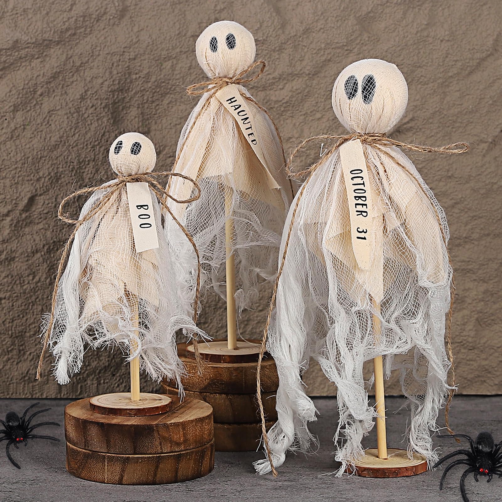 AMDBHC Halloween Decorations Indoor - 3 Set of Primitive Halloween Ghosts on Wooden Stand Spooky Halloween Ghosts Decor for Table Centerpieces Tiered Trays Shelves Mantels Home Halloween Décor