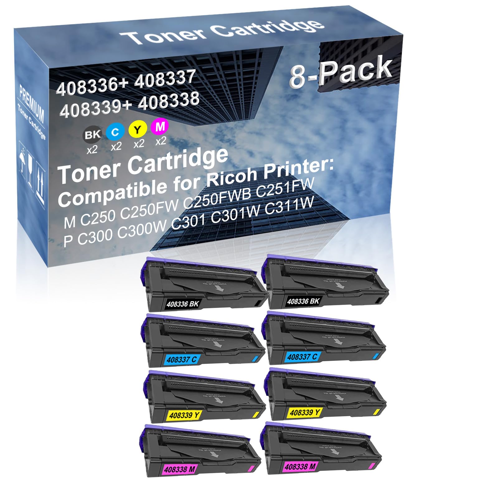 8-Pack (2BK+2C+2Y+2M) Compatible M C250 C250FW C250FWB C251FW Printer Toner Cartridge High Capacity Replacement for Ricoh 408336+ 408337+ 408339+ 408338 Toner Cartridge