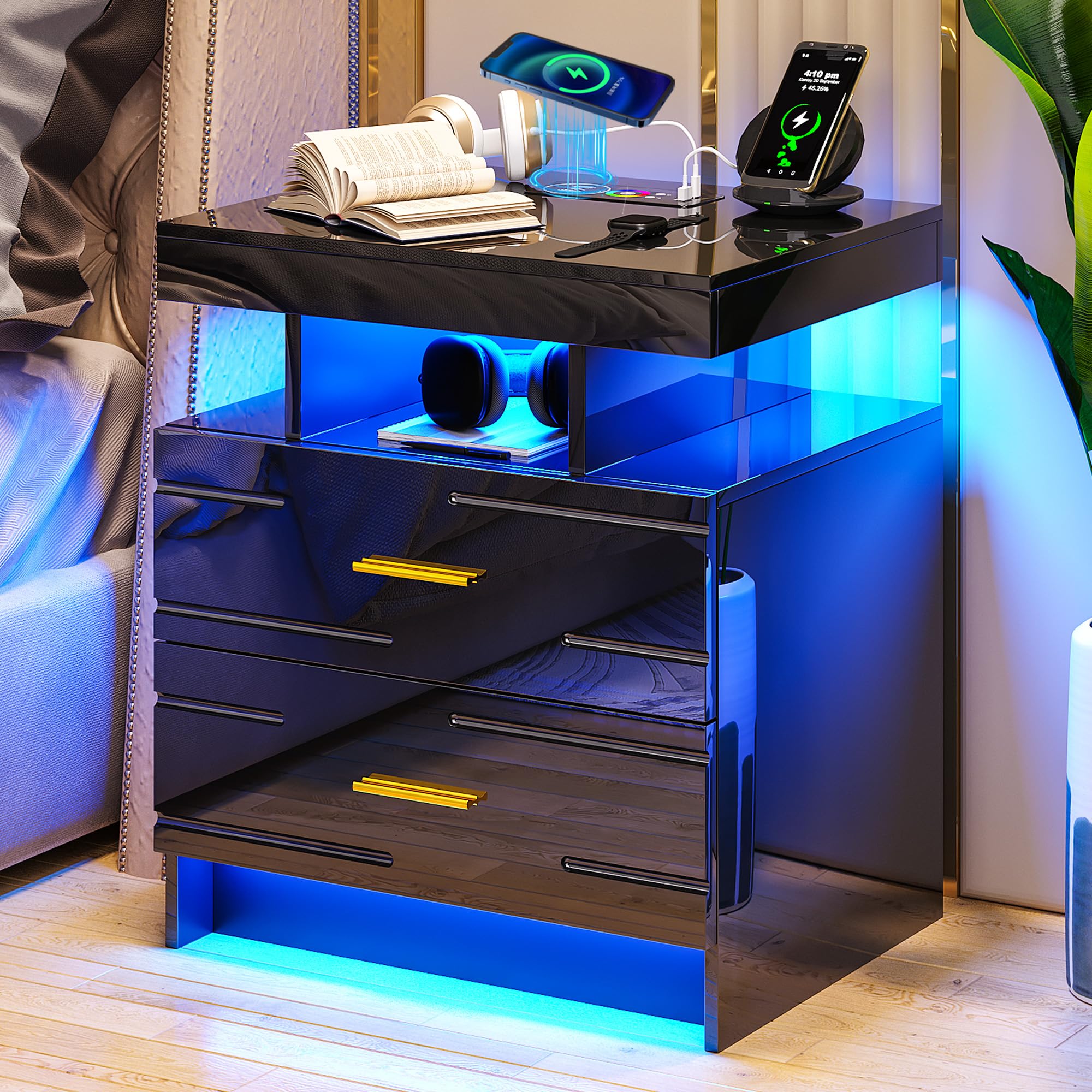 FOMNEY LED Nightstand with Wireless Charging Station ďźUSB ďźType-C Port, Smart Night Stand with Human Sensor 24 Colour Lights, Bed Table with 2 Drawers for Bedroom (Black,1PC)