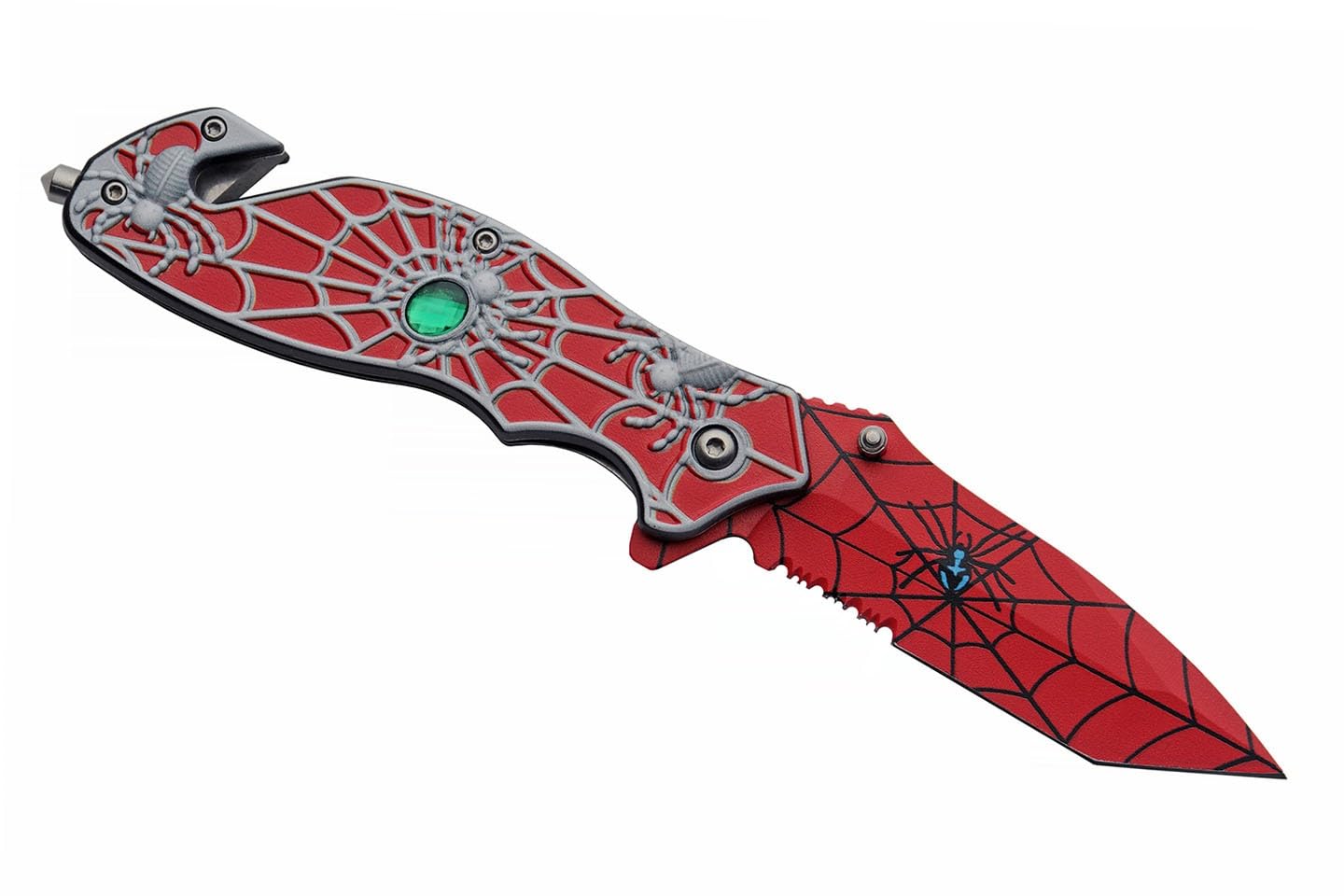 8β Red Spiderweb Assisted Open Pocket Folding Edc Knife Red Stainless Steel Clip Point Blade With Spider Web Print Red Aluminum Handle With Green Jewel Inlay