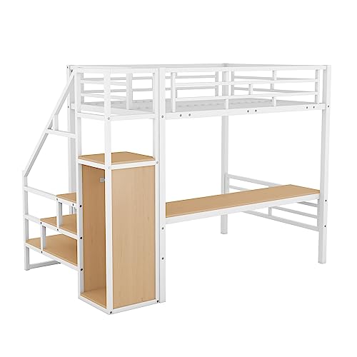 CITYLIGHT Full Size Loft Bed with Staircase and Desk, Metal Loft Bed Frame with Wardrobe and Storage Shelves, Full Loft Bed with Desk for Kids, Teens, Boys & Girls (Full, White)
