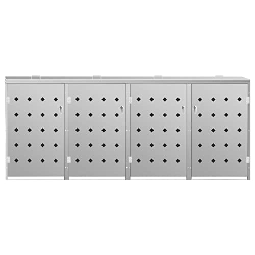 vidaXL Quadruple Wheelie Bin Shed 63.4 gal Waste Container Enclosure Cover Garbage Trash Bin Box Home Garden Household Supply Stainless Steel