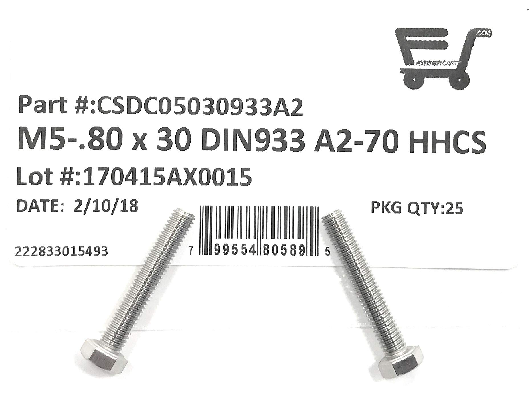 M5-.80 X 30 Hex Head Cap Screw Hex Bolts DIN933 (M5x30) Full Thread A2-70 Stainless Steel (25 Pieces)