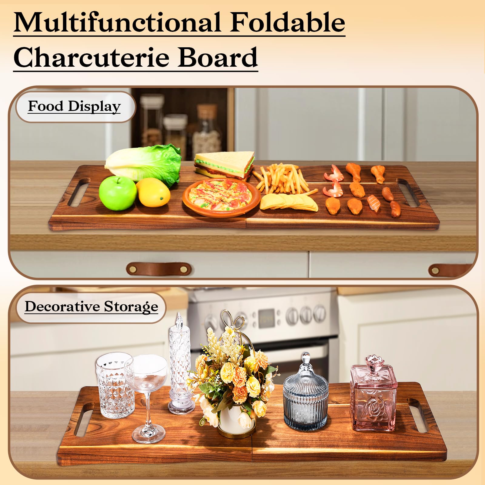 Acacia Large Charcuterie Board, Wood Charcuterie Boards with Handles Foldable Travel 33 x 12 Inch Cheese Board Charcuterie Serving Board with Food Meat Party Appetizers (Large, Rectangular)