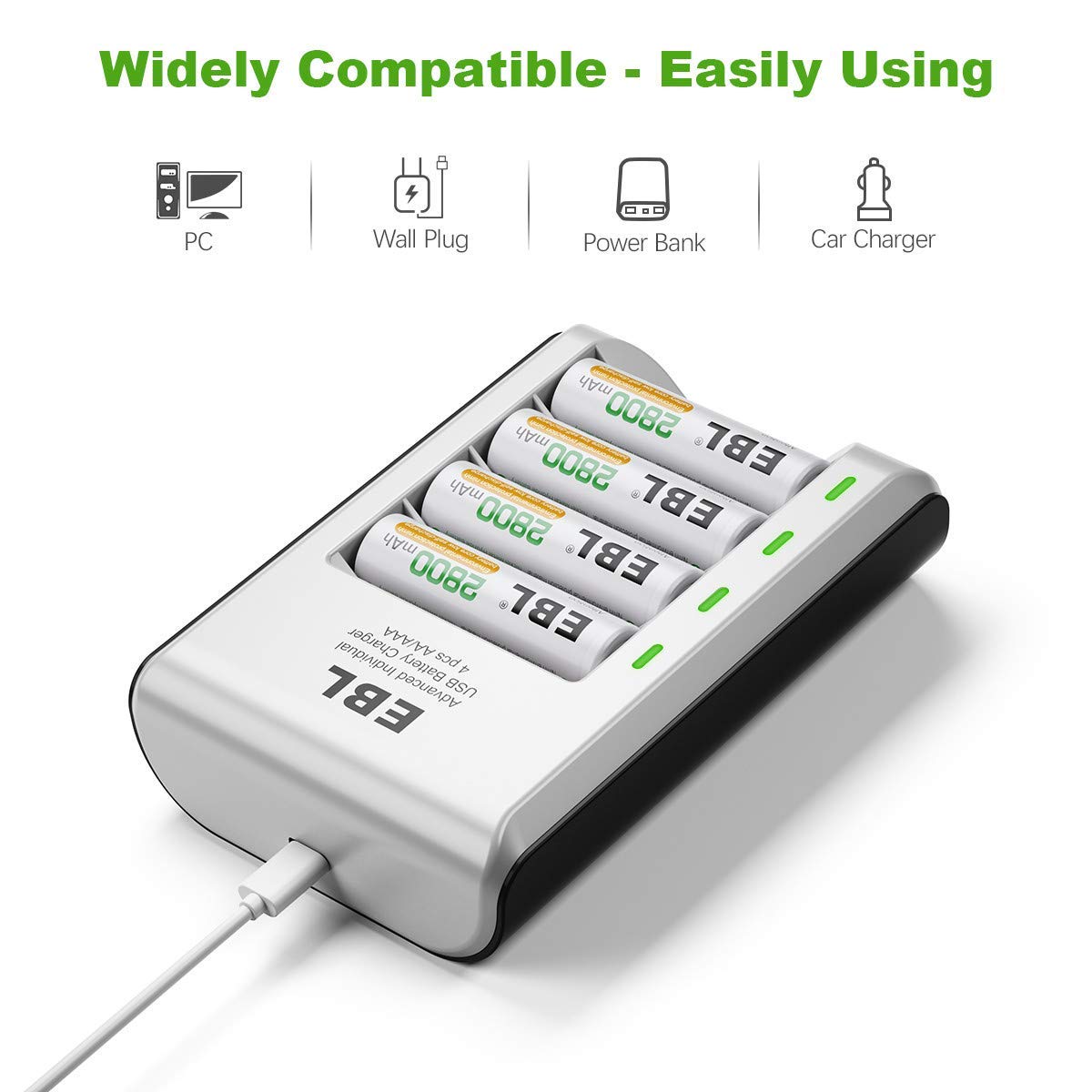 EBL Smart AA AAA Battery Charger for 1/2/3/4 AA AAA NiMH NiCD Rechargeable Batteries - Freely Charged by Power Bank, Adapter