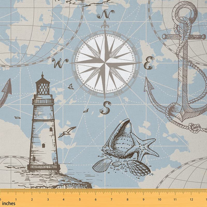 Feelyou Compass Fabric by The Yard, Nautical Ocean Anchor Lighthouse Theme Upholstery Fabric for Chairs Sofa Couch, Vintage Seashells Outdoor Fabric Waterproof, 1 Yard