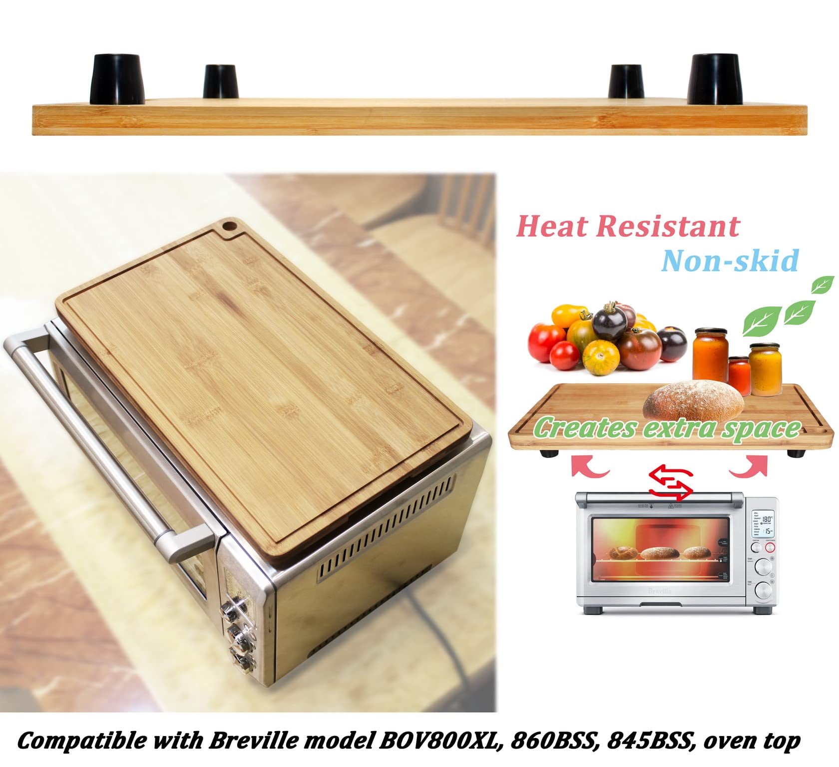 Ansoon Bamboo Wood Cutting Boards for Mini Smart Toaster Oven Air, Compatible with Breville 860 BSS/845BSS Countertop Oven, 1.2inch Heat Resistant Silicone Feet, Creates Storage Space