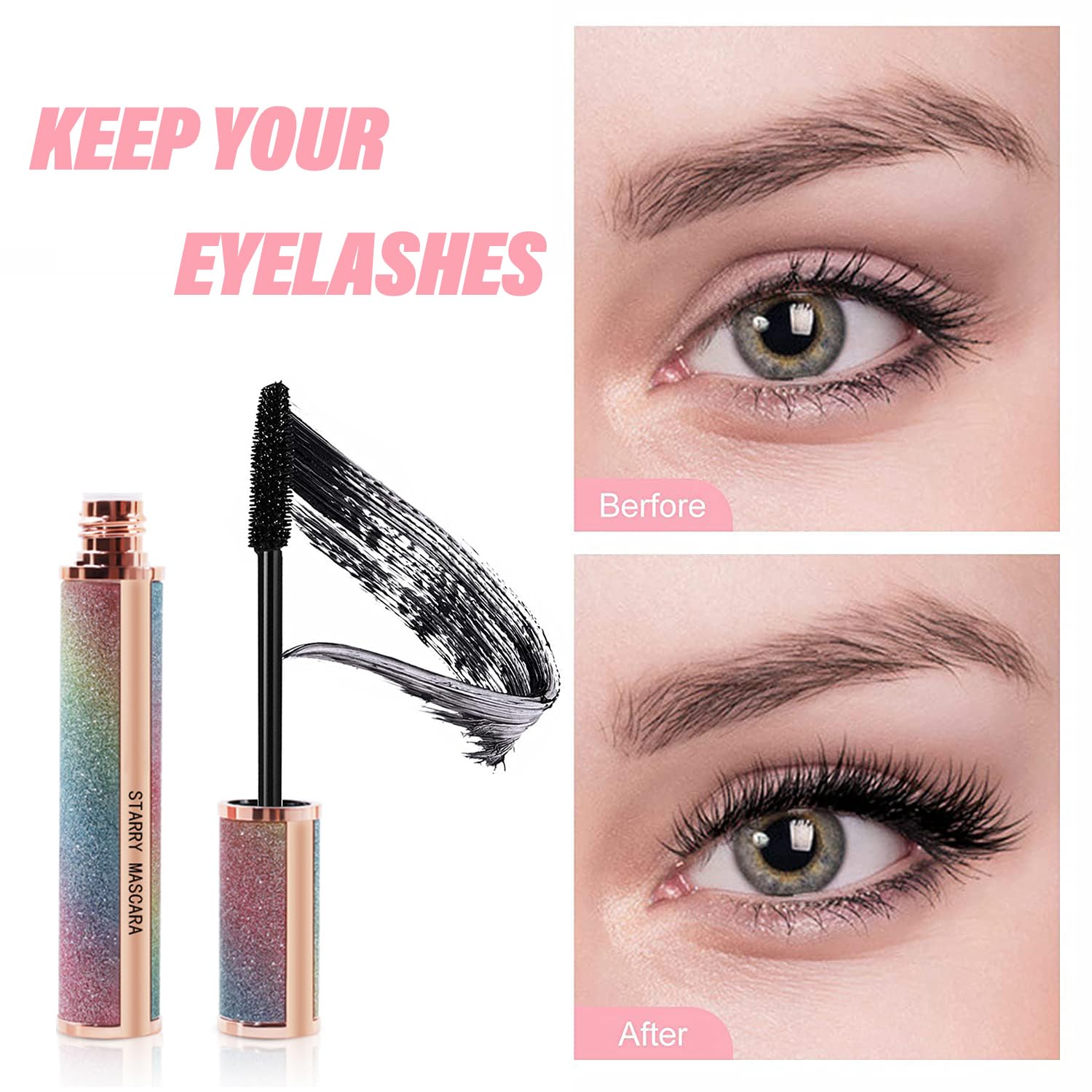 4D Silk Fiber Lash Mascara, Black Voluminous Fiber Thrive Mascara, Mascara Black Volume and Length, Longer Thicker Eyelashes, Waterproof & Long Lasting, No Smudge, No Clumping, No Flaking (1pcs)