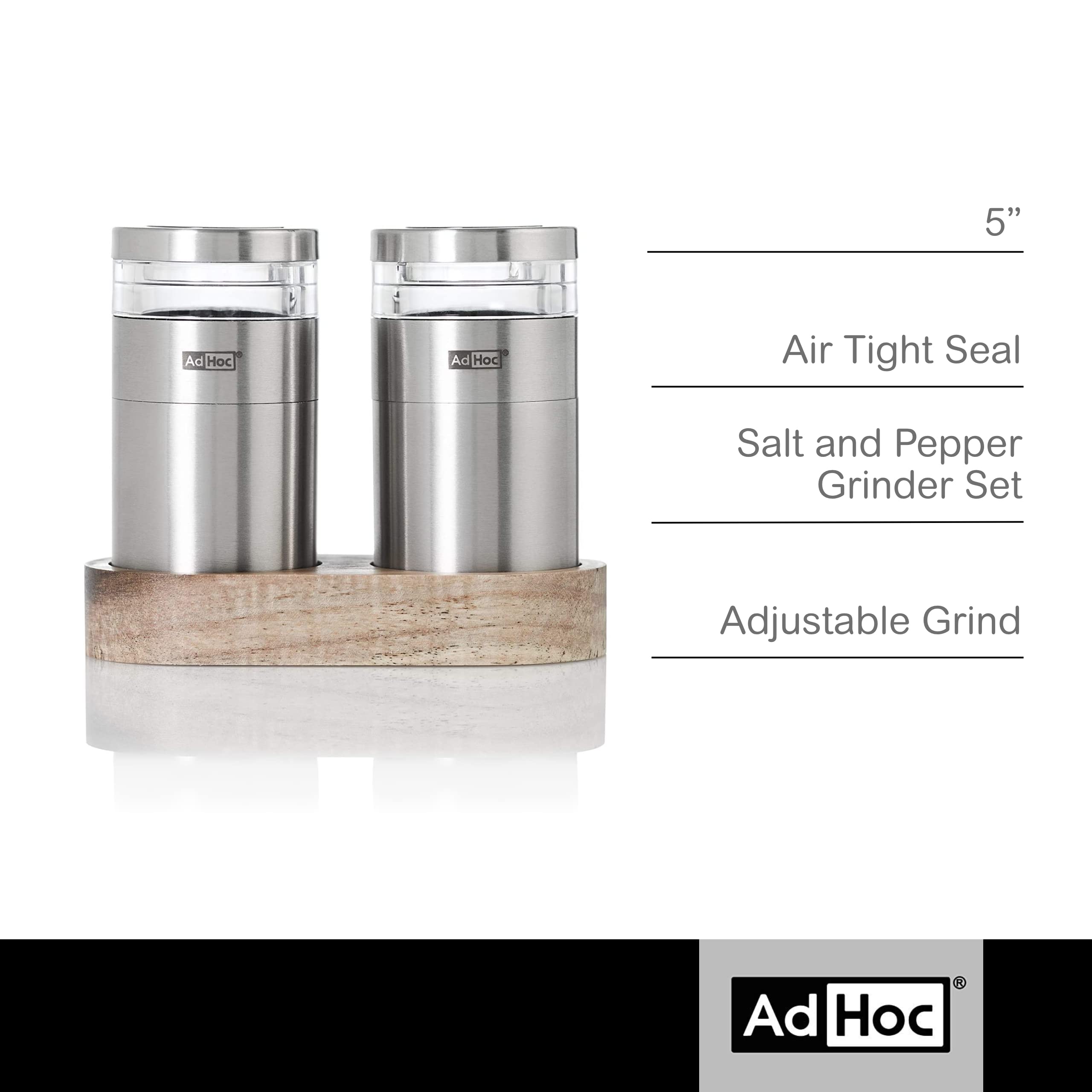 Adhoc Menage Molto Pepper and Salt Mills - Adjustable Salt & Pepper Grinders with a Wooden Carrying Tray - Refillable Spice Tools - Hand Wash Kitchen Tool - Stainless Steel, 5"