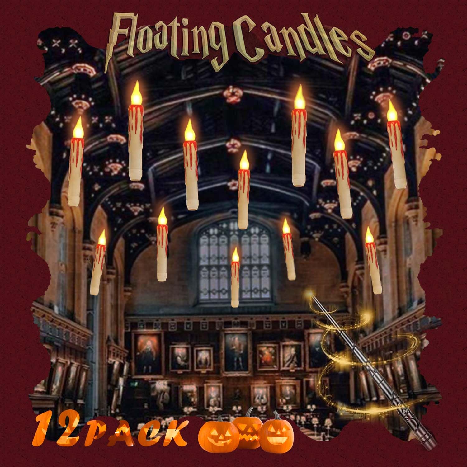 UPLAVIE Halloween Decorations, Hanging Floating Candles with Wand Remote Control, 12 Pcs Hanging Floating LED Candles Warm White Light Window Candles Christmas Decor for Halloween Christmas Party