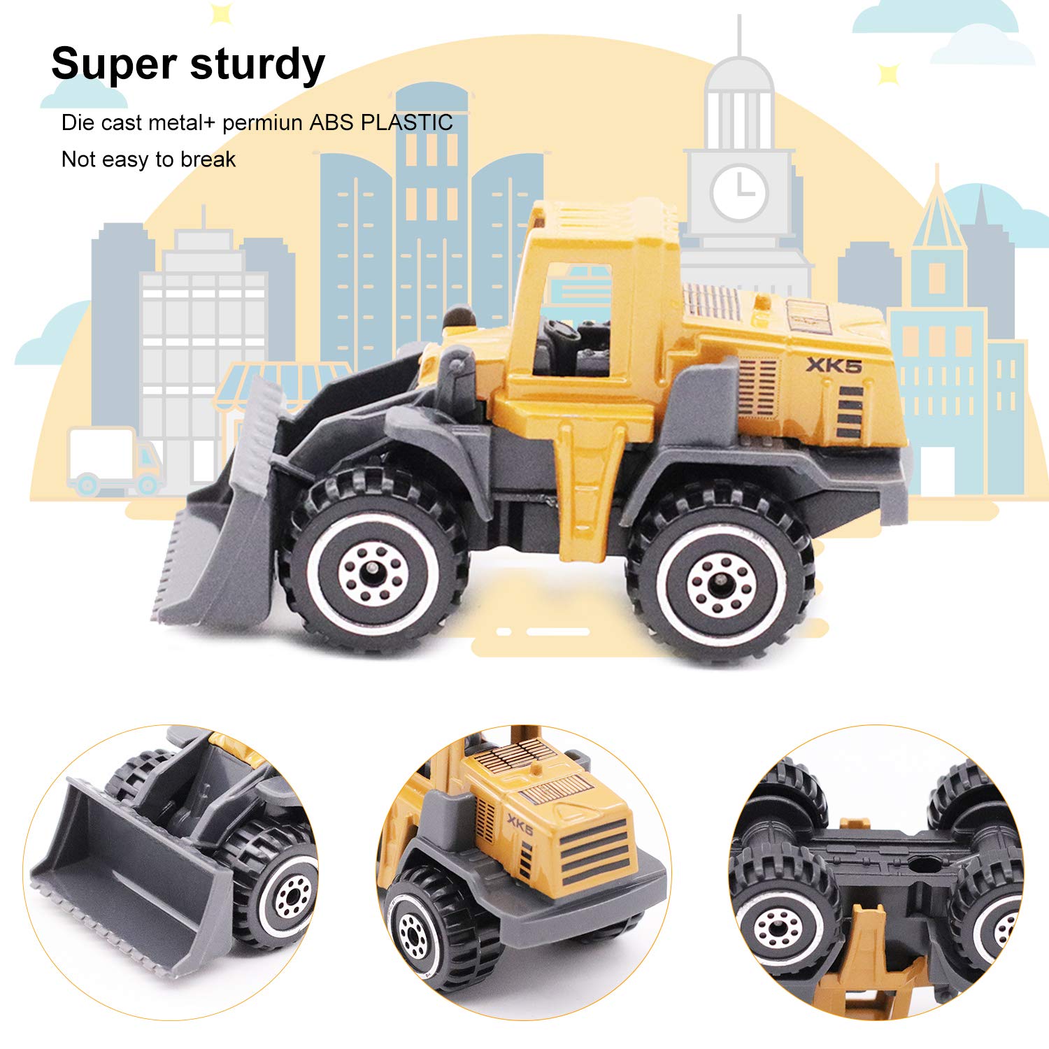 Childom Alloy Construction Engineering Vehicle Toys Set 12 Pack Stacker,Big Forklift,Heavy Duty Roller,Excavator,Heavy Transport Vehicle,Engineering Mixer Set for Kids Boys