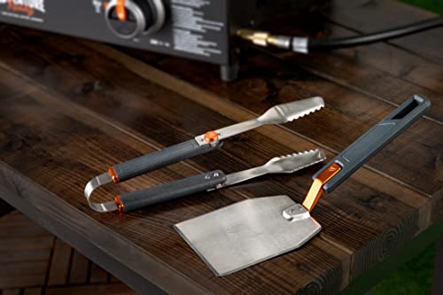 Blackstone 5294 Foldable 2 Piece Hamburger Spatula Flipper and 1 BBQ Tong-Flex Fold Model Stainless Steel-Easy to Carry and Clean Griddle Accessories Tool Set, Black, Orange