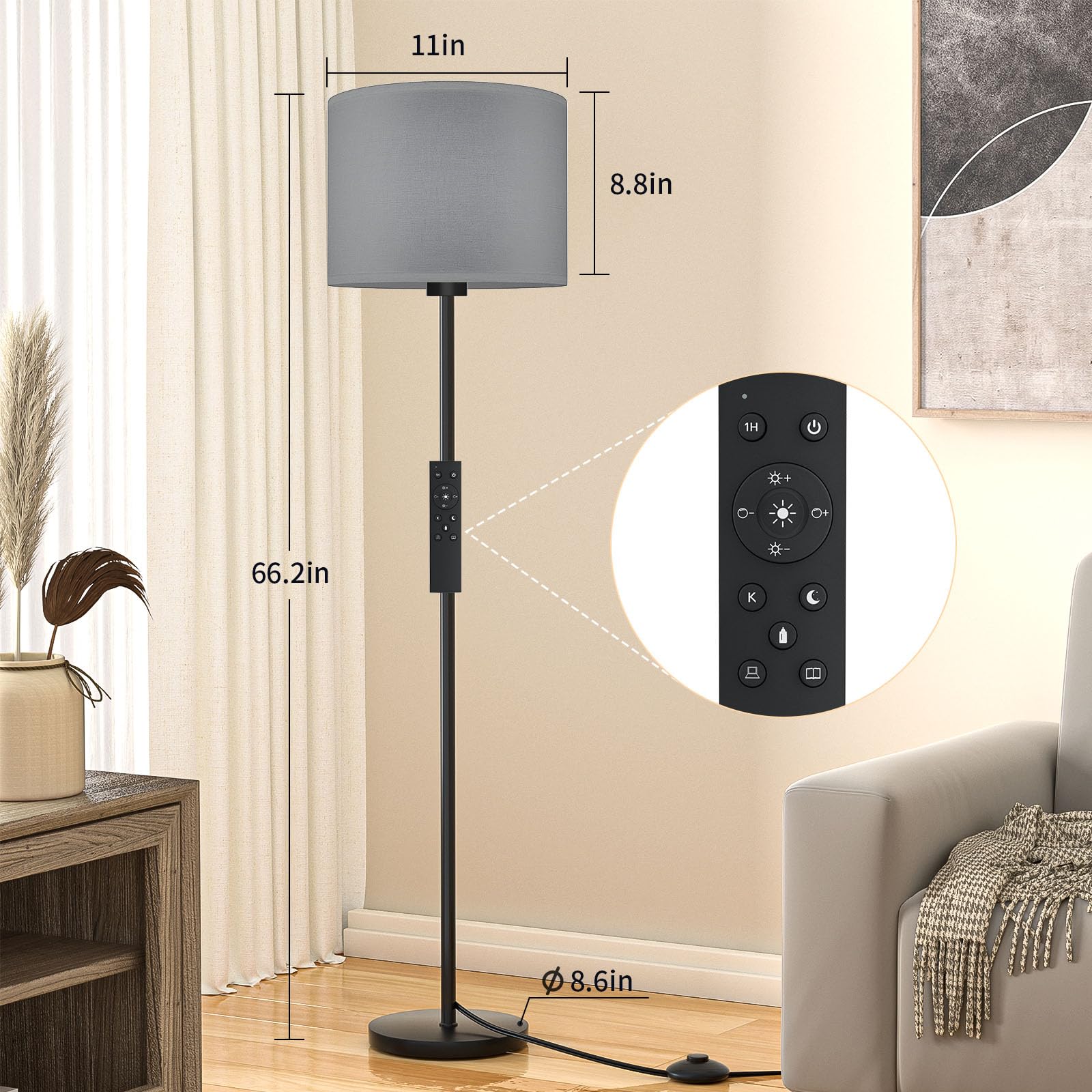 66.2'' Industrial Floor Lamp for Living Room Bedroom, Modern Floor Lamp with Remote Control and Stepless Dimmable Colors Temperature & Brightness, Foot Switch, 9W Bulb Included, Darker light sou(Grey)