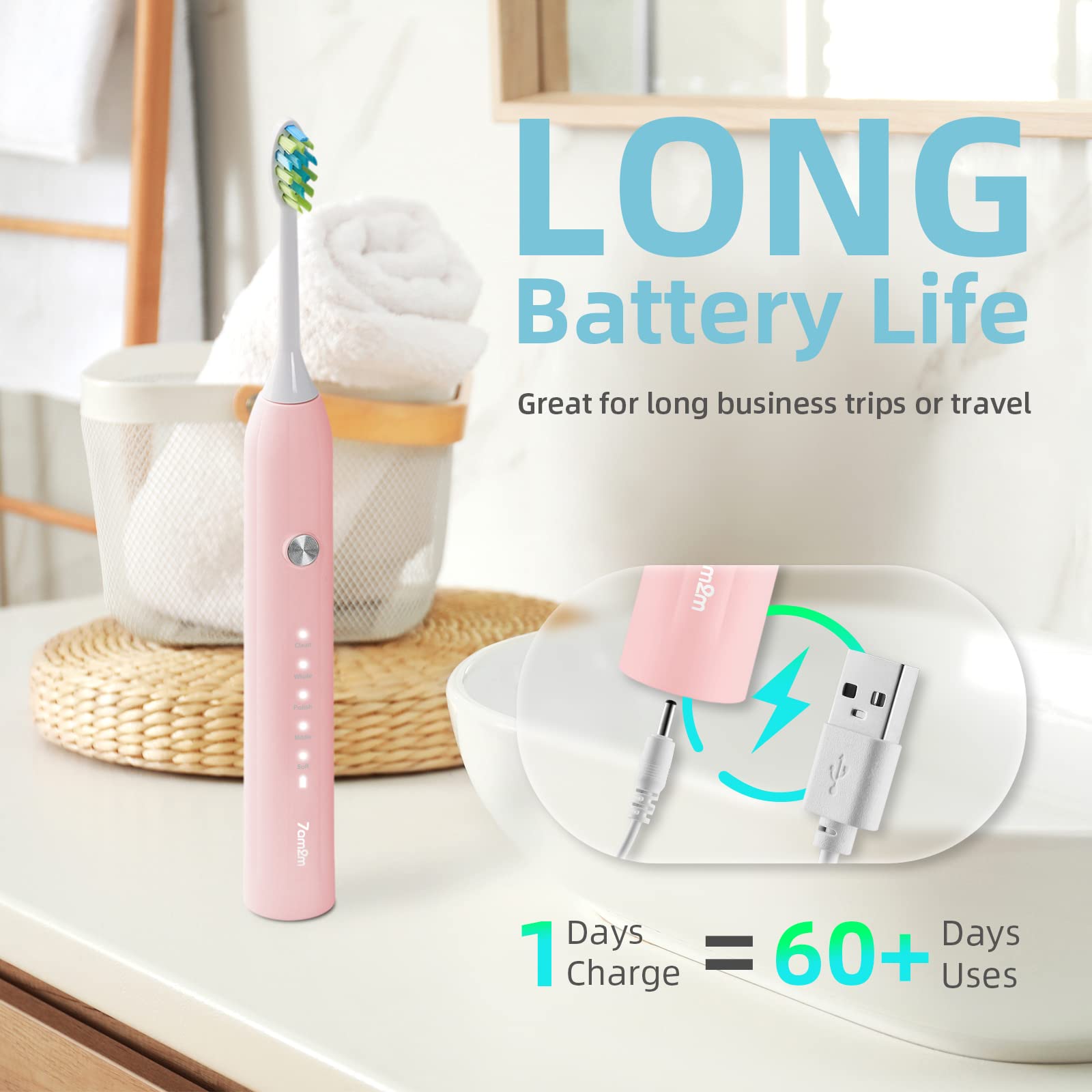 7AM2M Sonic Electric Toothbrush 2 Pack Set for Kids and Adults, 12 Brush Heads,5 Adjustable Modes, Built-in 2-Minute Smart Timer, USB Charge IPX7 Waterproof SonicToothbrush (PINK&WHITE)