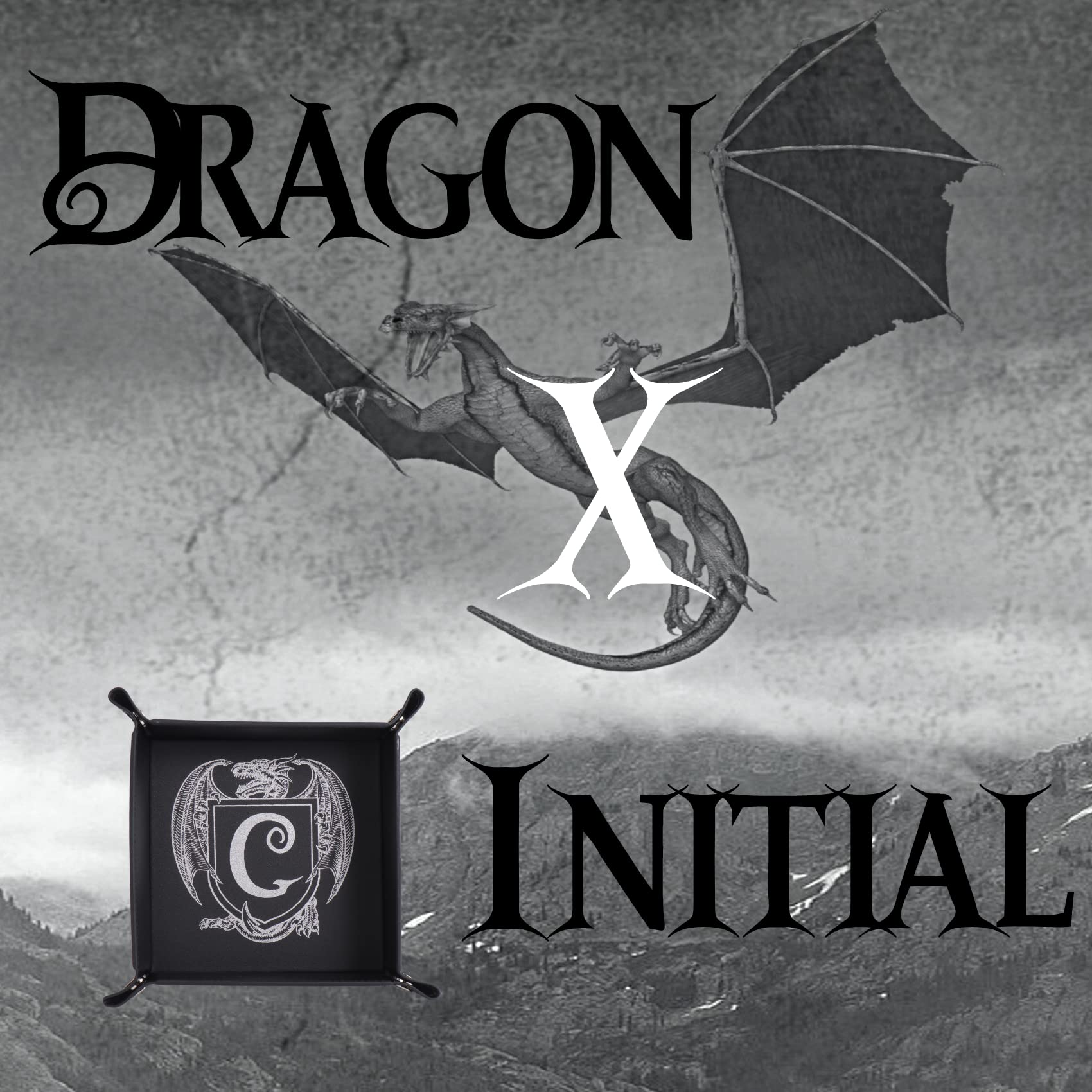 Dragon Dice Tray for RPG, Role Play Games, Table Top Gaming, Folding PU Storage Tray, Initial Leather Tray, Personalized Portable Organizer, Tray 4.75 Inches, Black Dragon Letter C
