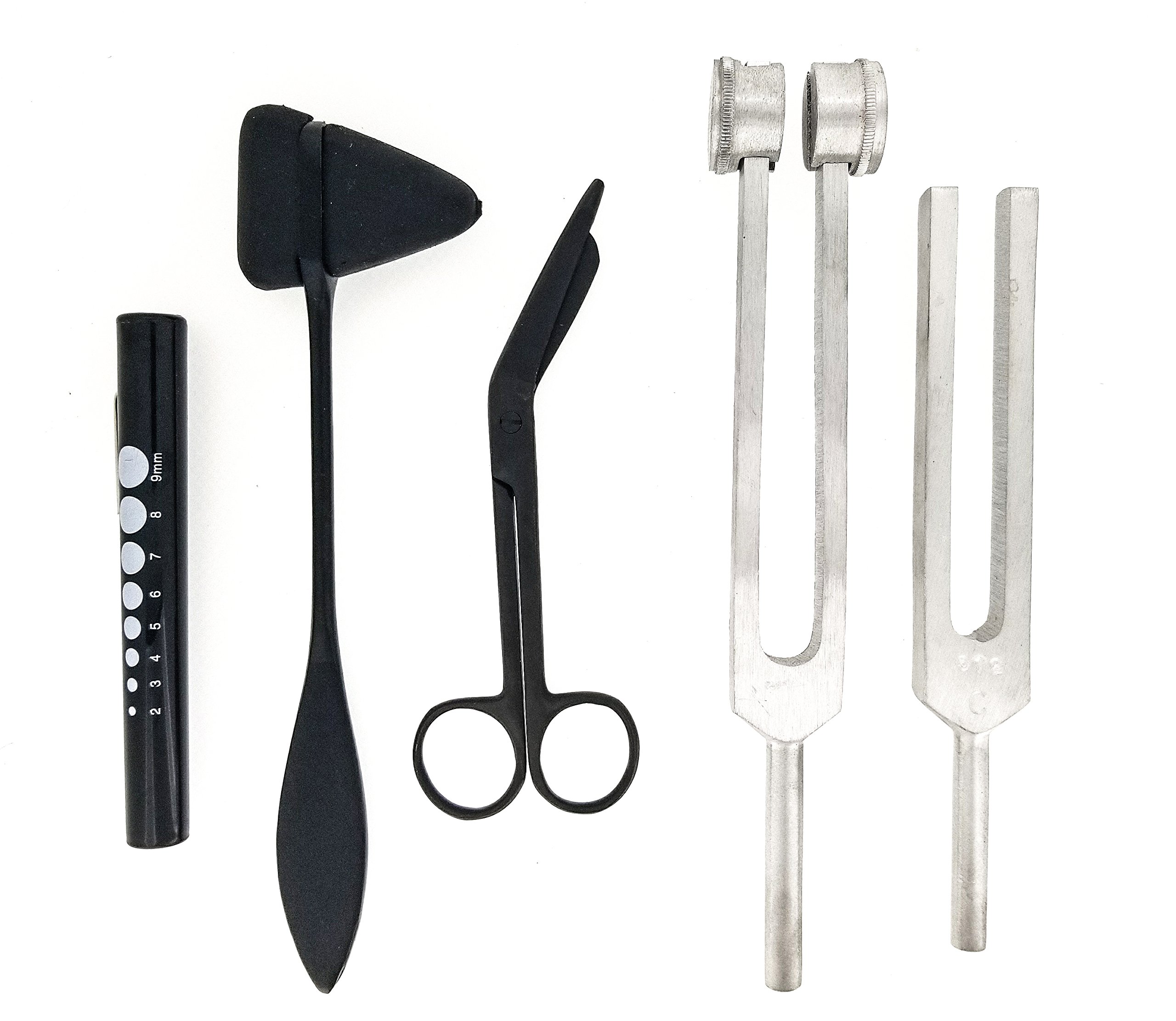 SURGICAL ONLINE Ultimate Medical Student Diagnostic Set - Premium Stethoscope & Tactical Black Set of 5 pcs Reflex Percussion Taylor Hammer + Penlight + Tuning Fork C 128 C 512 + Bandage Scissors 5.5