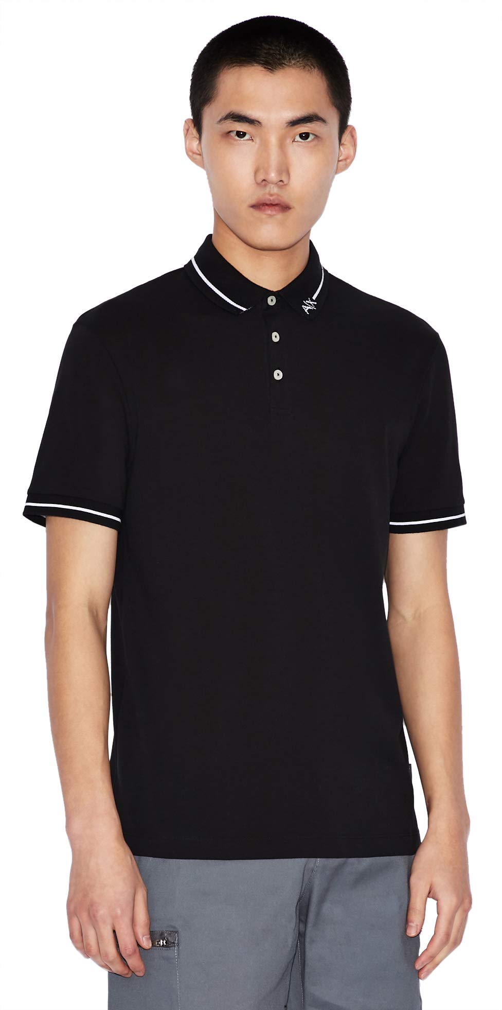 A | X ARMANI EXCHANGE Men's Short Sleeve Logo Collar Pima Picque Polo, Black, S