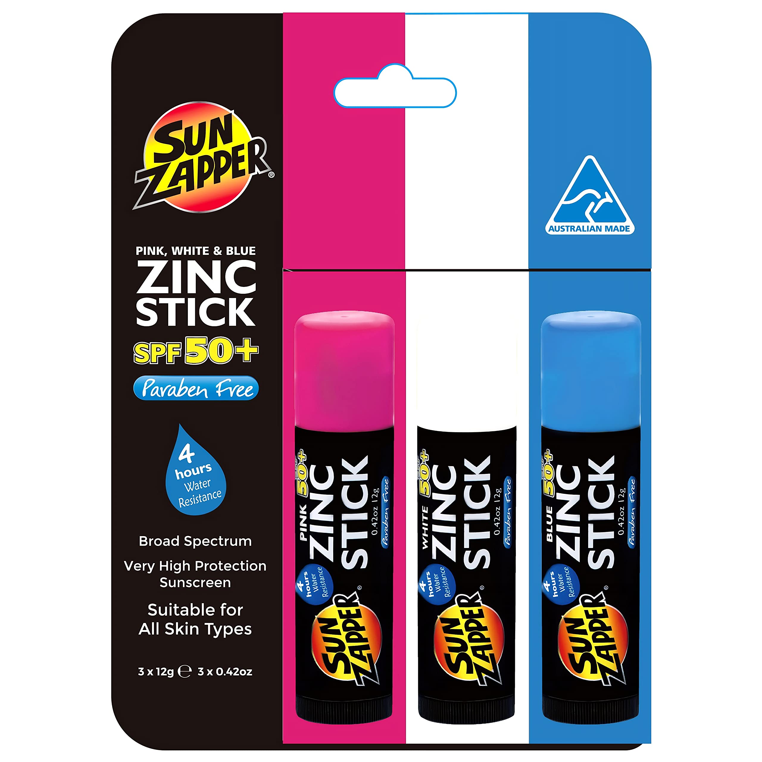 Sun Zapper Zinc Oxide Sunscreen Stick β SPF 50+ Waterproof β 3-Pack (Pink, White, Blue) β For Face & Body β Adults, Kids, Baby β Travel Size β Made in Australia