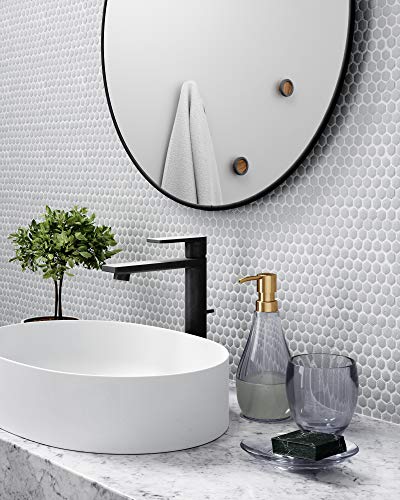 Umbra Droplet, Clear Pump Dispenser-Modern Heavy-Duty Refillable 10-Ounce Soap Container for Bathroom-Perfectly Nested in Amenity Tray, Can Be Placed On Countertop, Sink in Bath, Denim