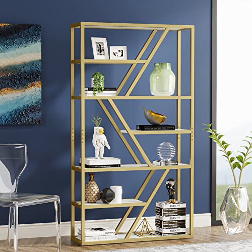 Tribesigns Gold Bookshelf, 7-Shelves Modern Etagere Bookcase, Staggered Book Shelves Display Shelf Organizer with Open Storage & Gold Sturdy Metal Frame for Home Office