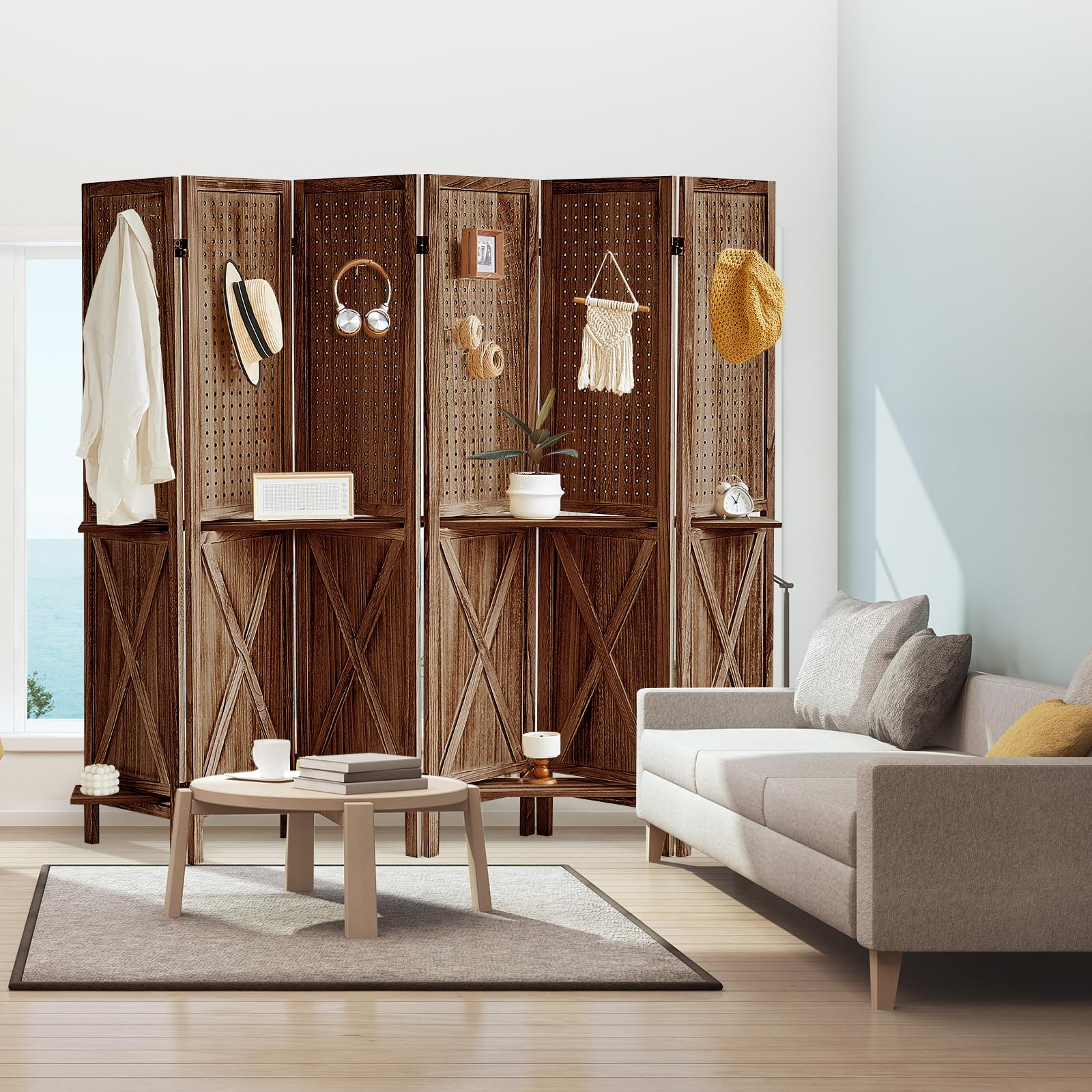 ALeesing 6 Panel Pegboard Display with 24 Hooks, Wooden Pegboard Room Divider Wall with Shelf, Rustic Room Dividers and Folding Privacy Screens, Bedroom, Jewelry Store, Brown