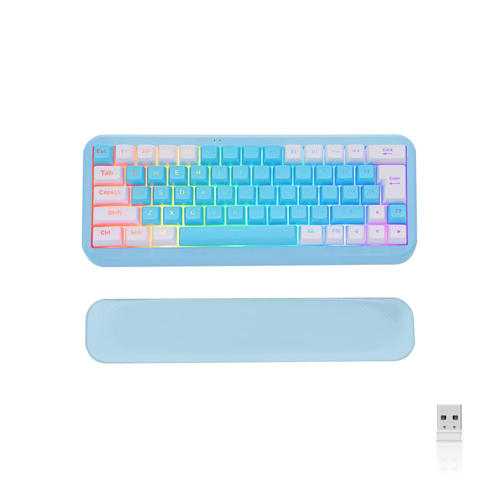 7KEYS 60% 2.4G Wireless Gaming Keyboard with Wrist Rest, Compact 63 Keys Mini RGB light up keyboard for PC Mac Laptop, Portable, Rechargeable Quiet for Typing and Gaming (Blue&white)