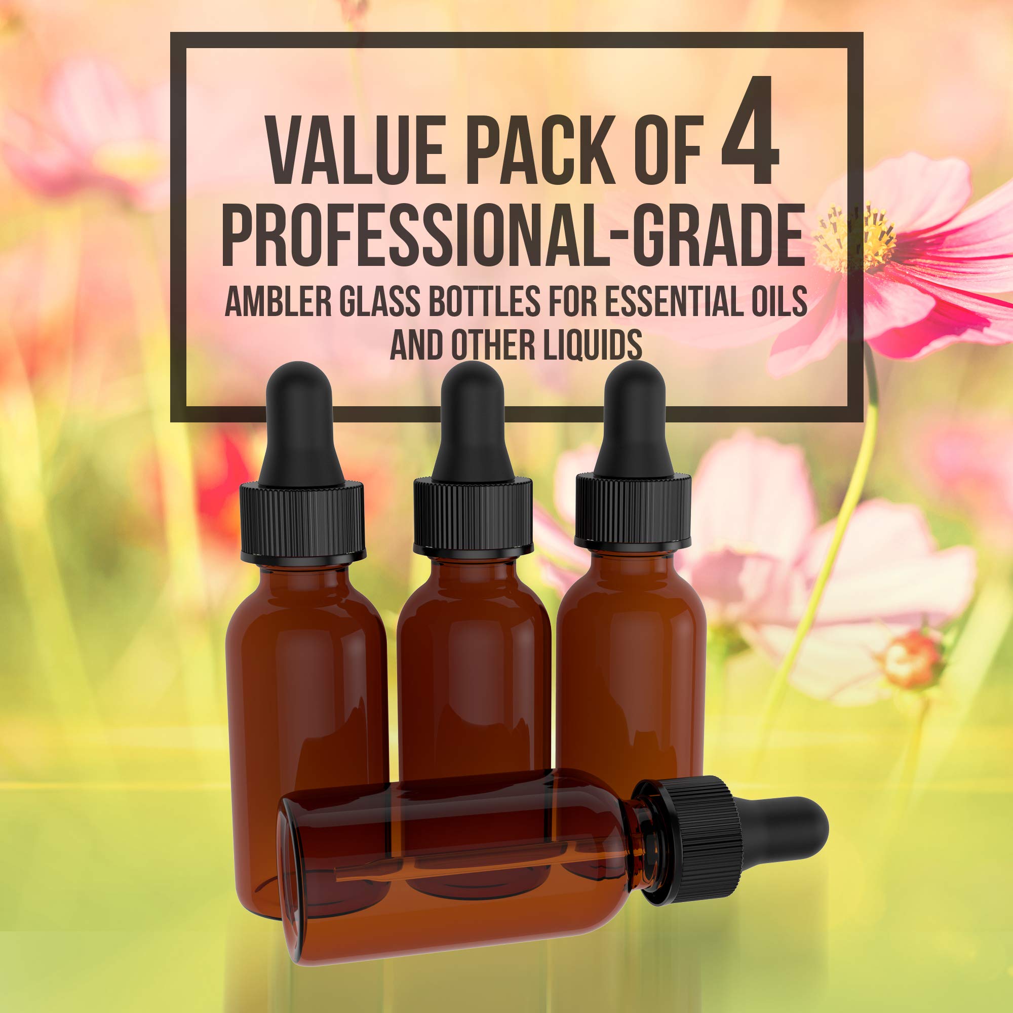 Nylea 4 Pack Essential Oil Bottles - Round Boston Empty Refillable Amber Bottle with Glass Dropper [ Free Stainless Steel Funnel ] for Liquid Aromatherapy Fragrance Lot - (1/3 oz) 10ml