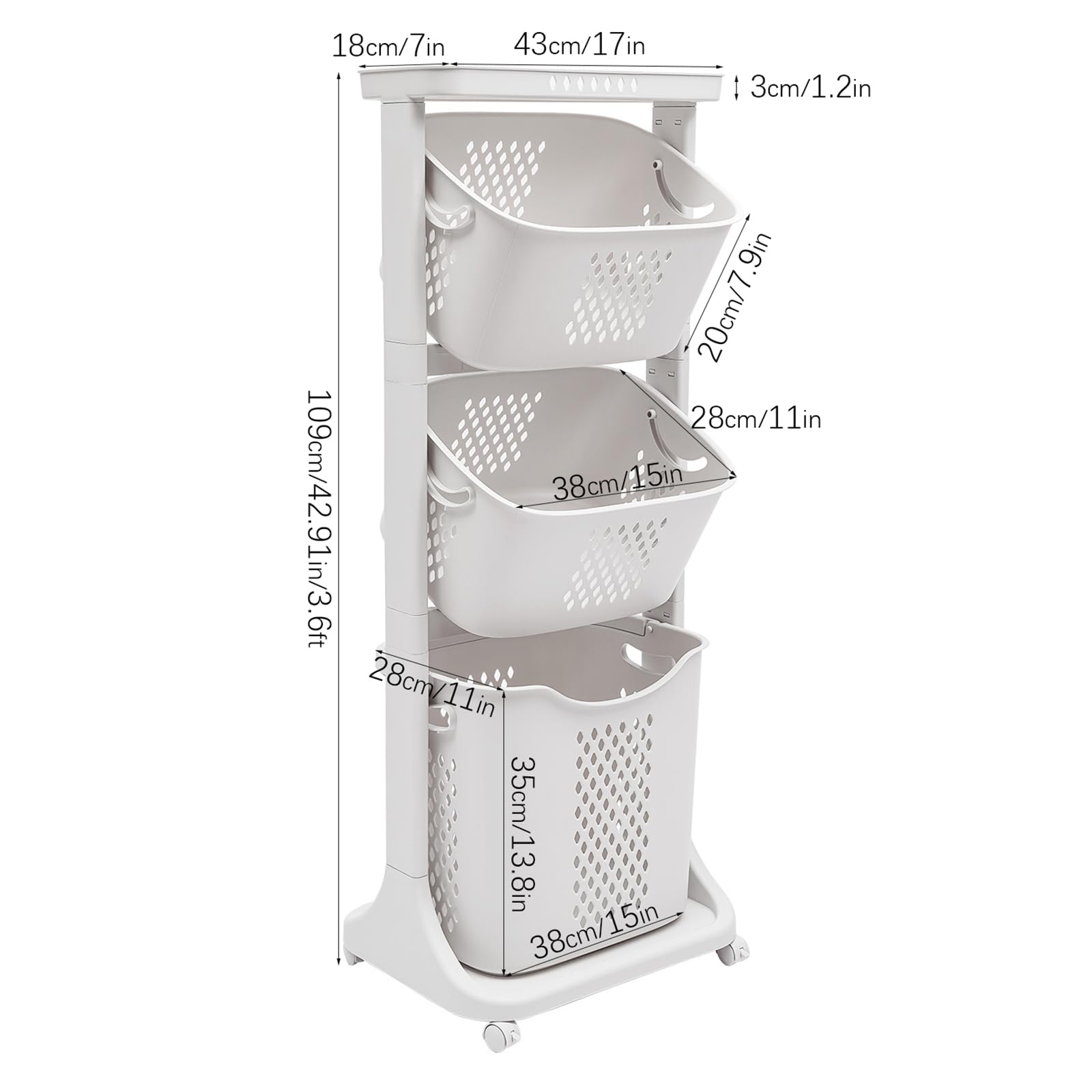 KONKENIE 3 Layers Laundry Hamper Basket Sorter Washing Hamper with 4 Wheels Rolling Clothes Bin Trolley Basket Clothes Storage Organizer 3 Tier Shelf Rolling Cart for Bathrooms Bedrooms White