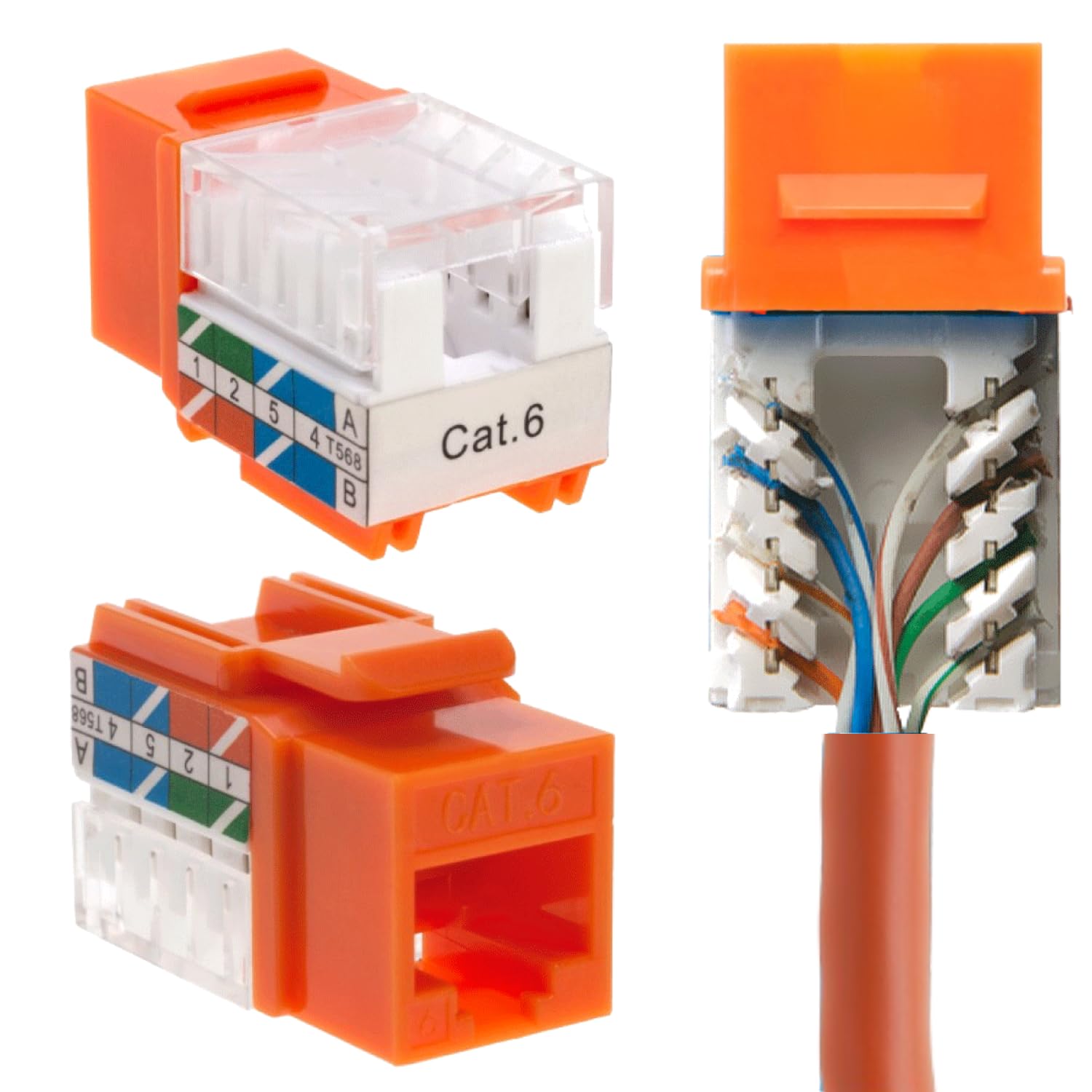 SATMAXIMUM Cat6 Keystone Ethernet Wall Jack Punch Down UTP 45-Degree (Easier Termination Than 90-Degree), RJ45 Slim Profile Speed Termination Orange - 45° Angled (30 Pack)