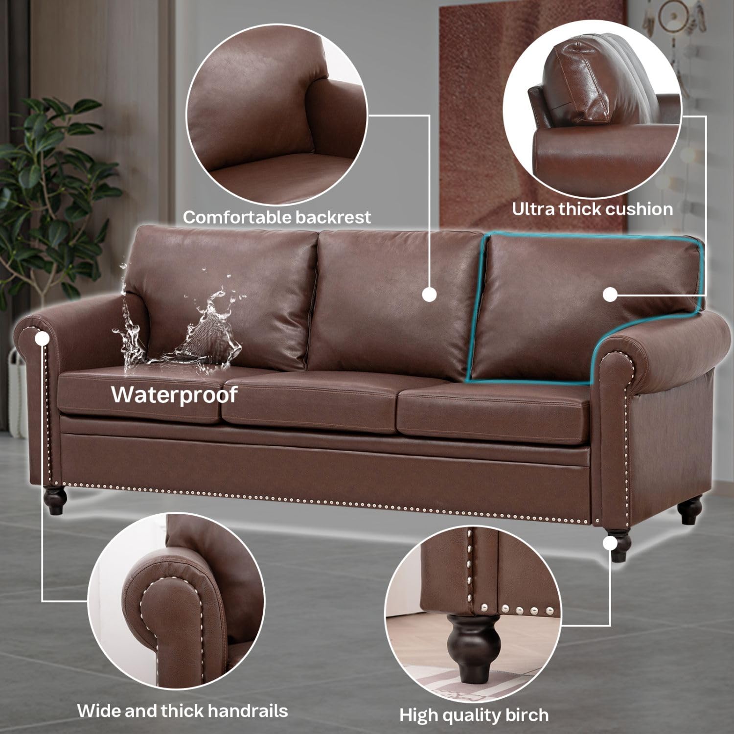TINGMAMADEHUA Modern Brown Faux Leather Sofa β 3-Seater Couch for Living Room, Comfy Upholstered Design with Tufted Detachable Back Cushions, Traditional Rolled Arms, and Nailhead Trim β Easy Assembly