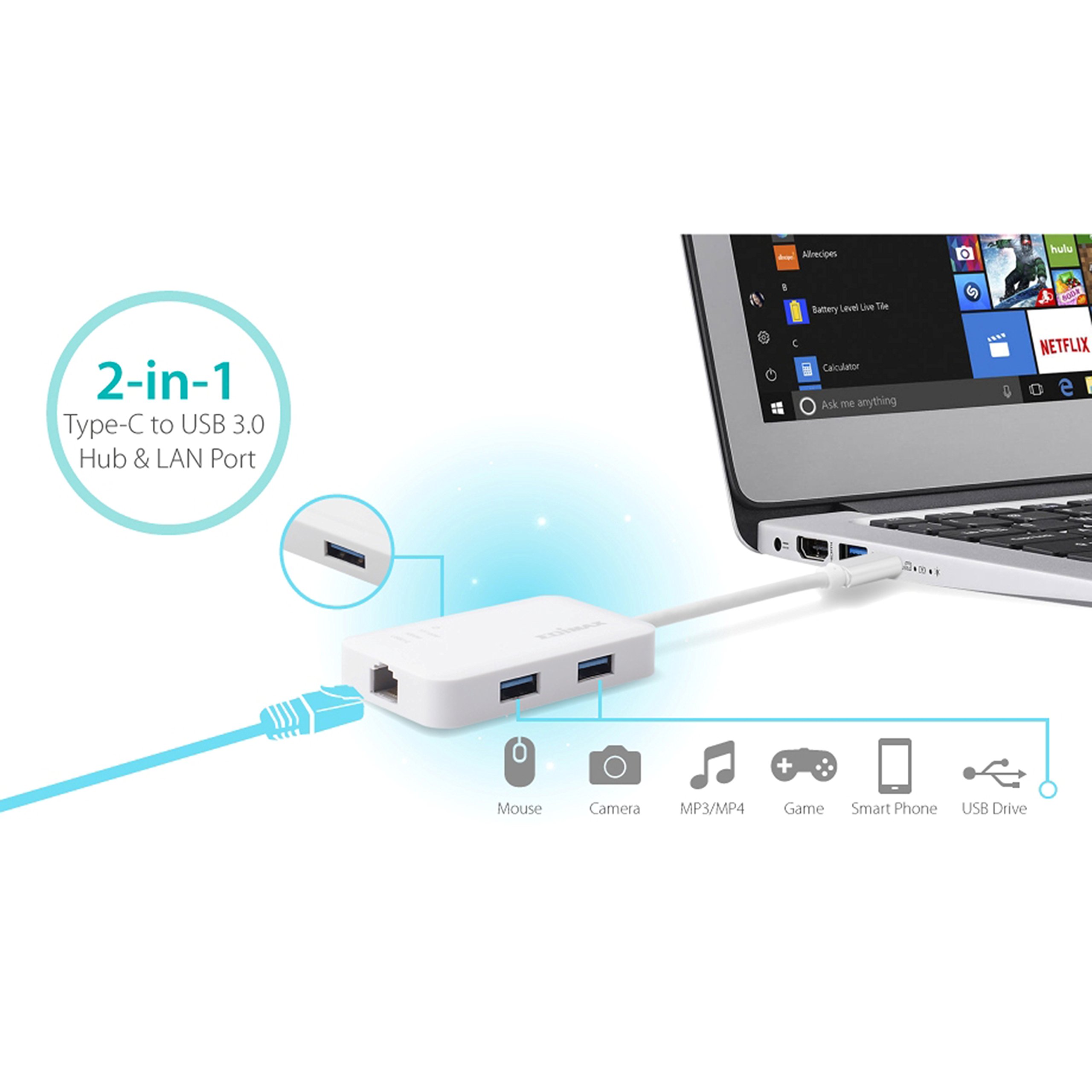 Edimax USB-C USB Hub with 3X USB 3.0 Ports and Gigabit Ethernet LAN Adapter, USB to RJ45 1000Mbps Network LAN Converter, Plug and Play, Windows, MacBook Pro/Air, iPad Pro and More, EU-4308