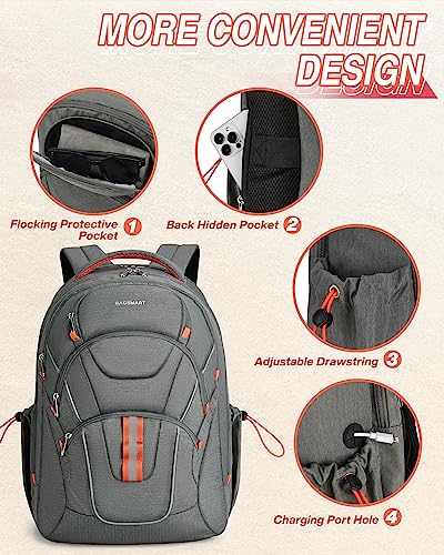 BAGSMART Large Travel Backpack for Women Men,Laptop Backpack Flight Approved Carry On Computer Bag Fits 17 Inch Laptop,Water Resistant Outdoor Backpack for Hiking Business,Grey