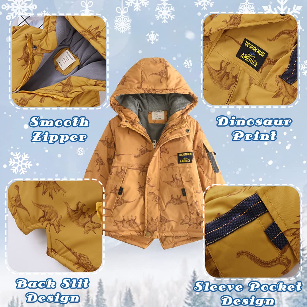 AIKSSOO Boys Winter Coats Down Jacket Hooded Dinosaur Snowsuit Parka Windproof Overcoat Outerwear Jacket
