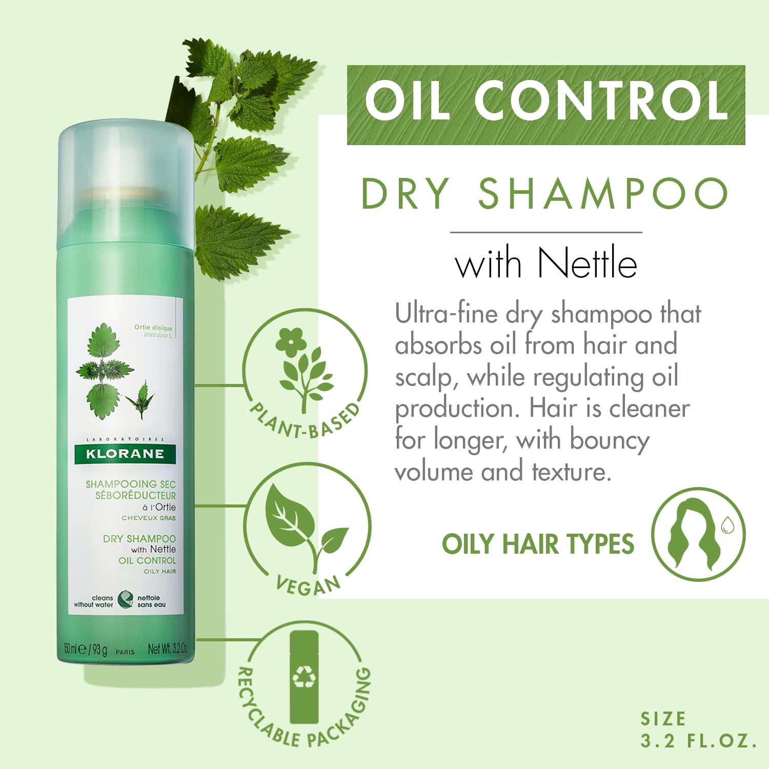 Klorane Dry Shampoo with Nettle for Oily Hair and Scalp, Regulates Oil Production, Paraben & Sulfate-Free, 3.2 oz.